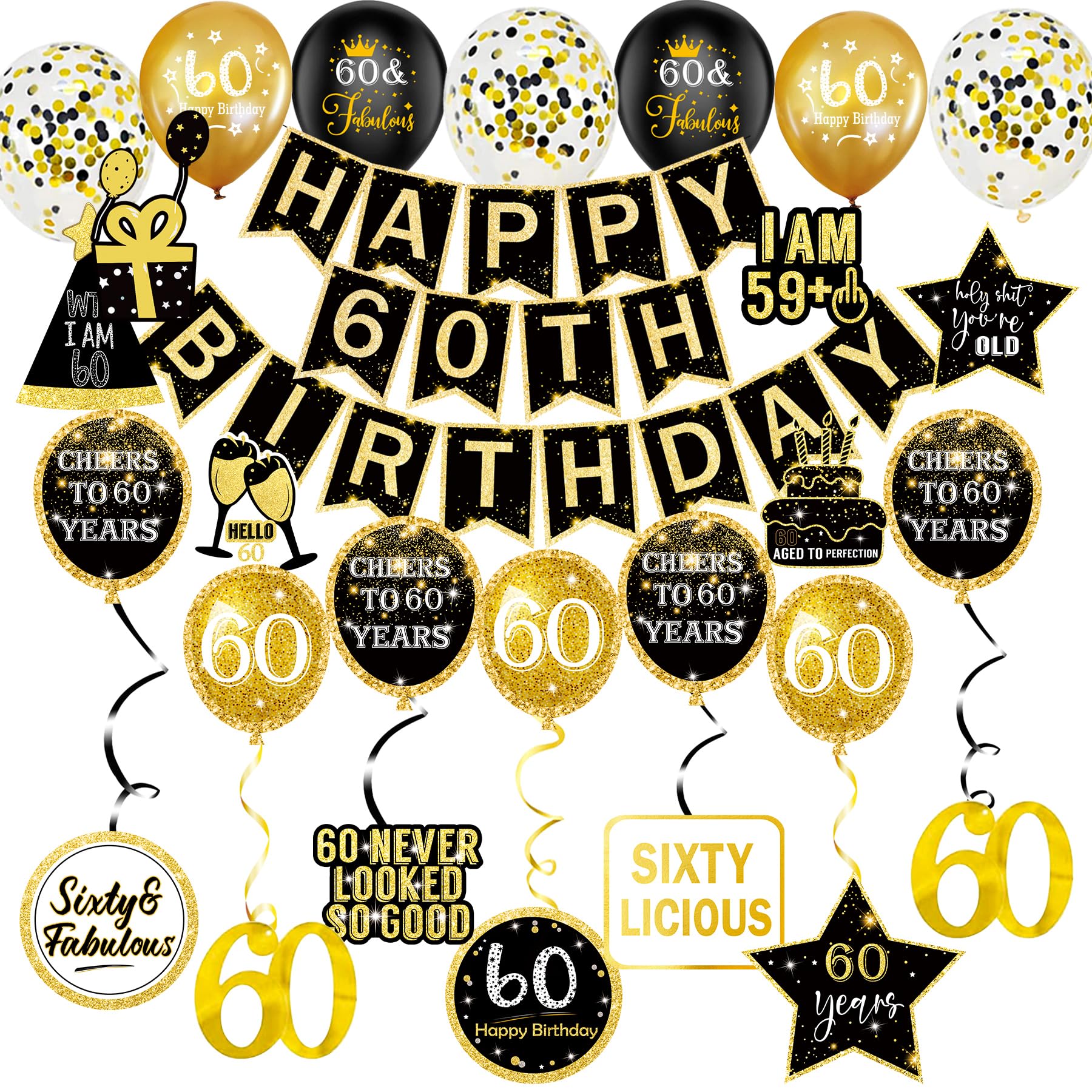 Zohokie Black and Gold 60th Birthday Decorations Party Supplies, Happy 60th Birthday Décor for ...