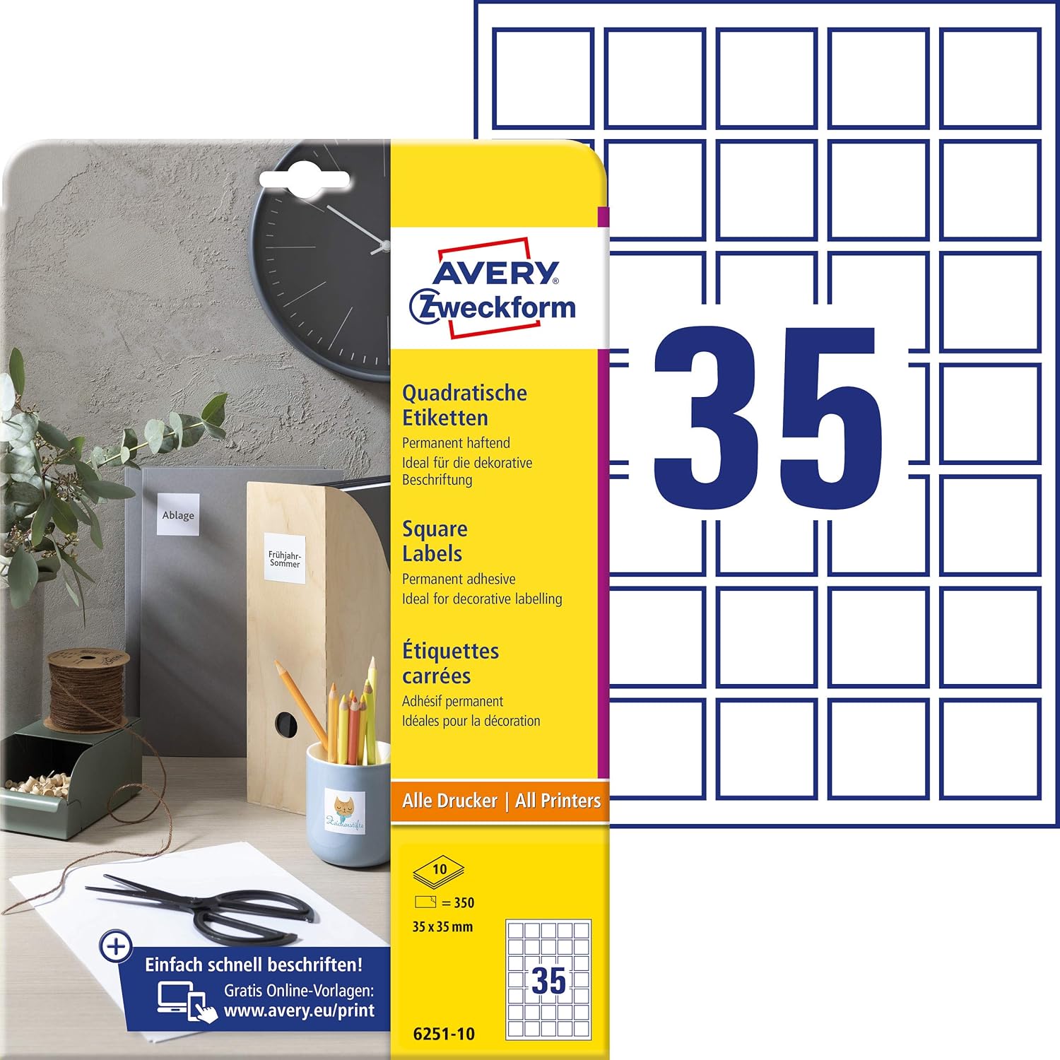 AVERY Zweckform 6251-10 Square Labels (350 Adhesive Labels, 35 x 35 mm ...