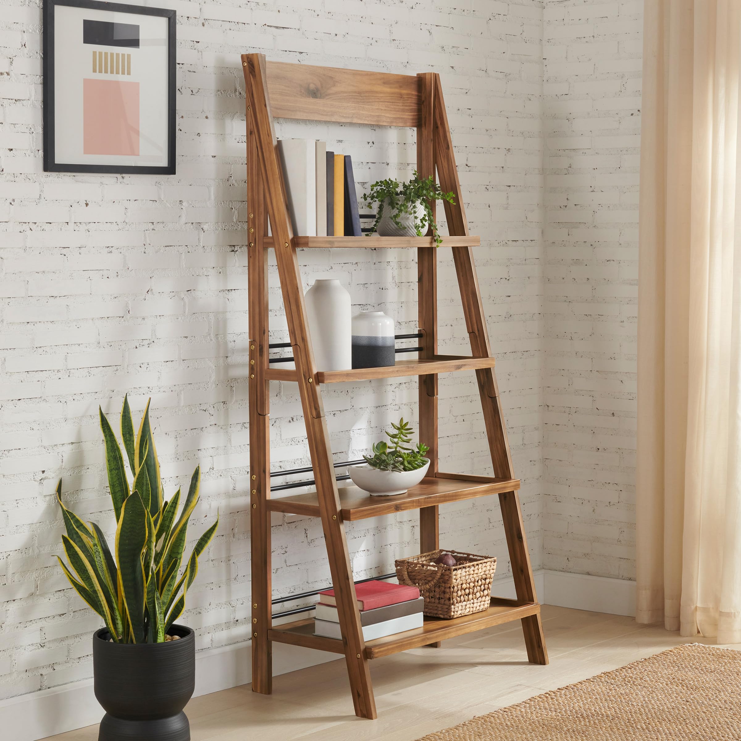 Lavish Home 4-Tier Ladder Bookshelf - Freestanding Bookcase with Bar ...