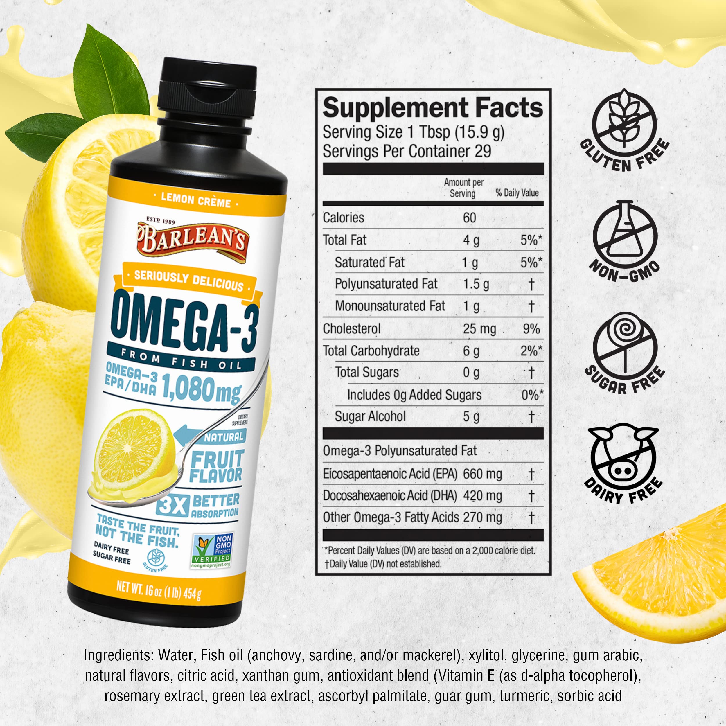 Mua Lemon Crème Omega 3 Fish Oil Liquid Supplement, 1080mg of Omega 3 ...