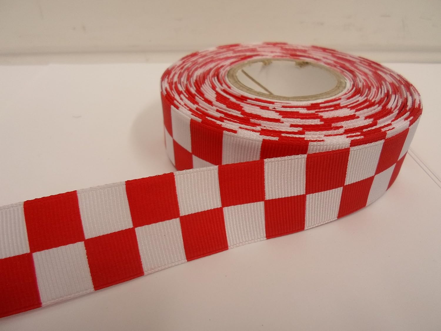 2 metres x 25mm Woven Ribbon Dark Red & White Square block checkered ...