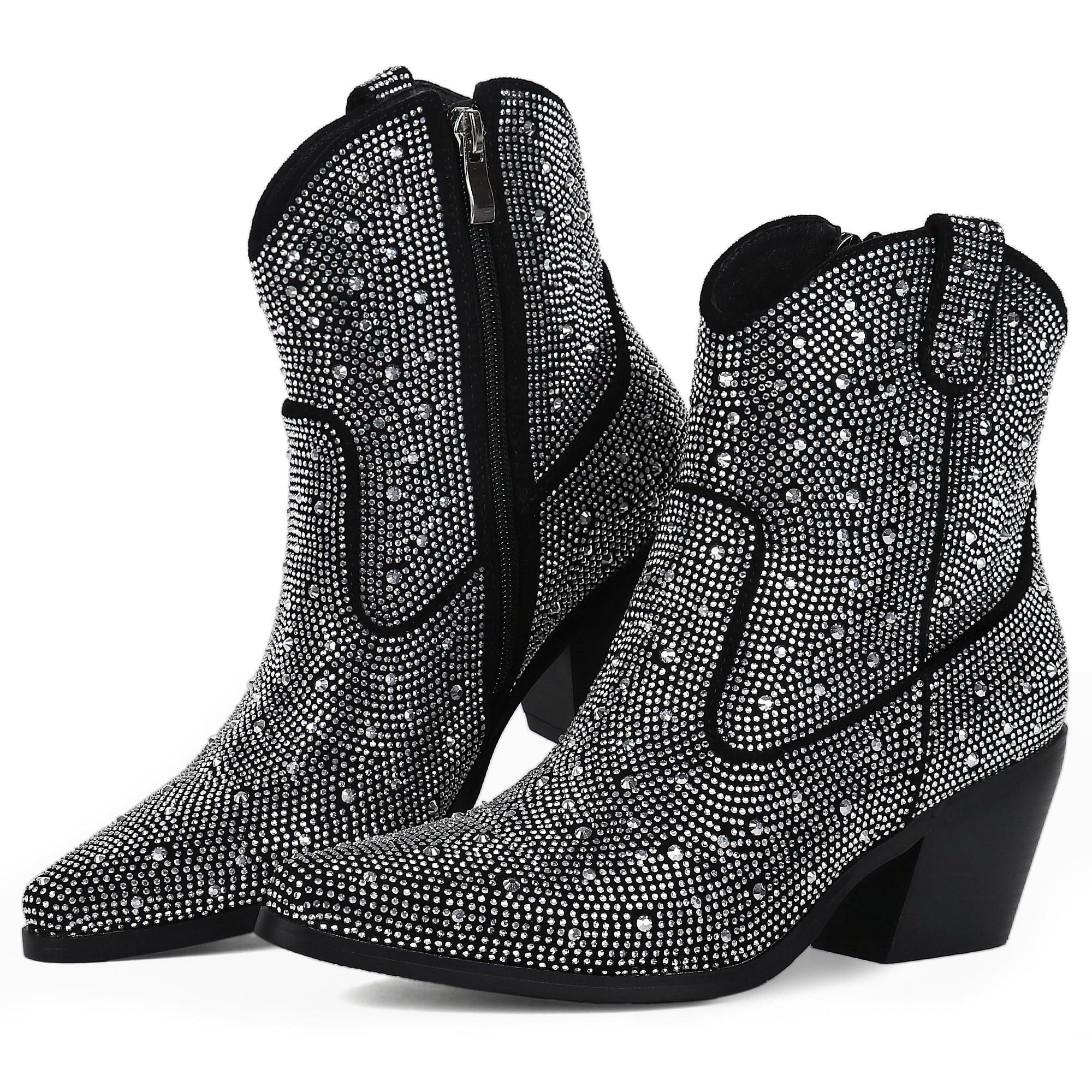 FIFSY Women Rhinestone Cowboy Boots Glitter Chunky Heel Sparkly Cowgirl ...