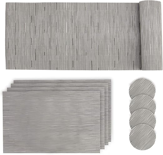 Grey Table Mat Set | 9 Anti Slip Place Mats | Table Runner, 4 Placemats ...