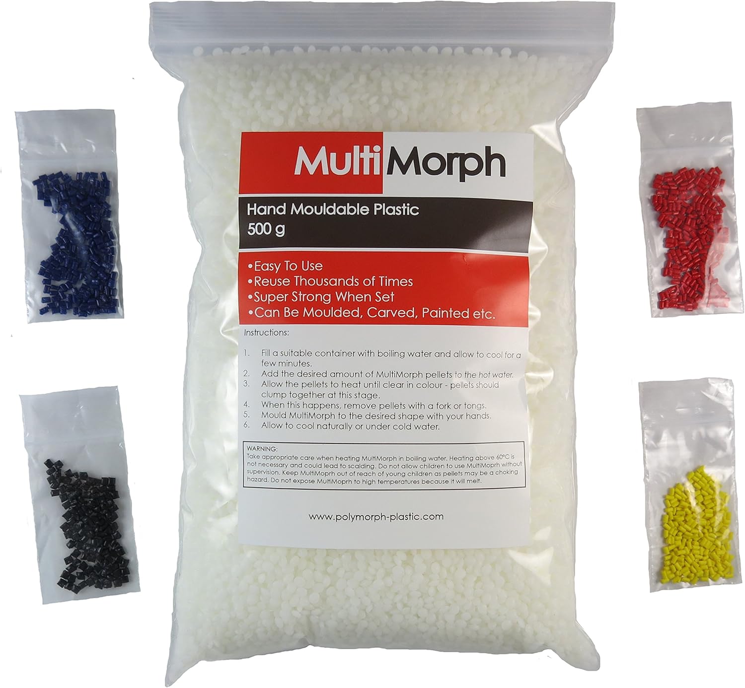 MultiMorph Polymorph Mouldable Plastic Pellets 500g + 4 Free Colouring ...