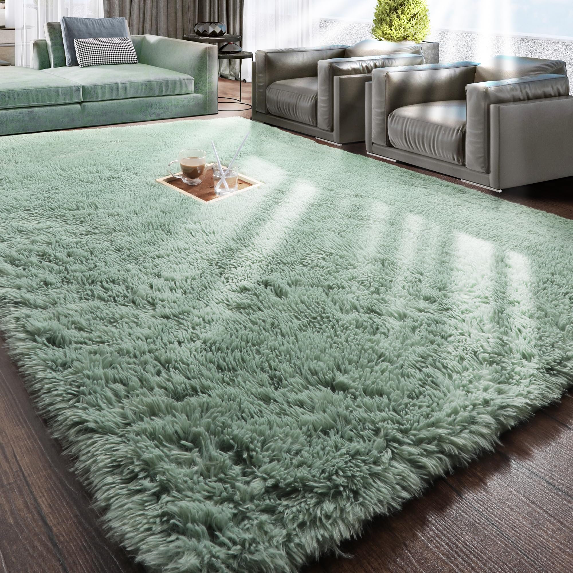 RUGTUDER Sage Green Area Rugs for Living Room, 5x8 Shag Fluffy Bedroom ...