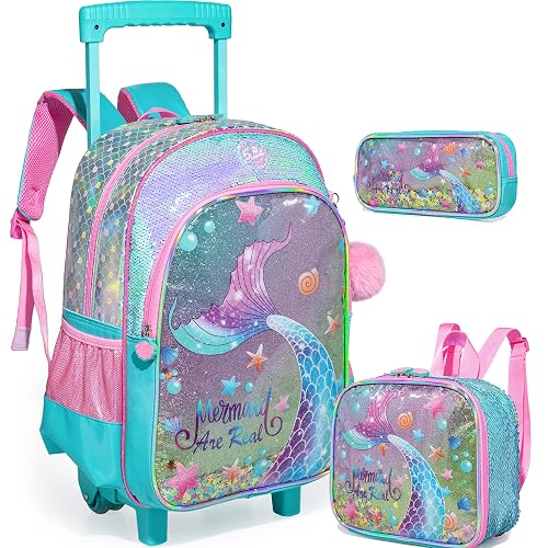 ZBAOGTW Mermaid Rolling Backpack for Girls with Lunch Box Kids Backpack ...