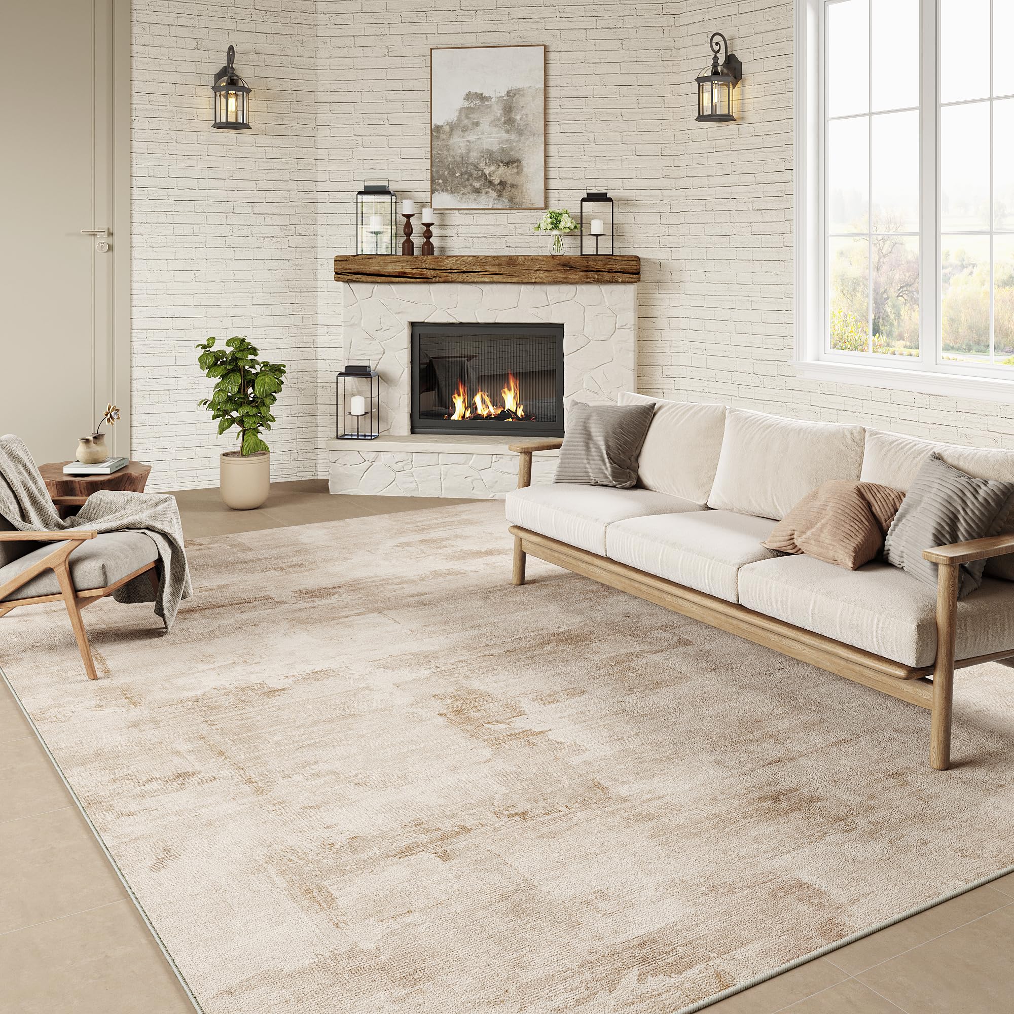 WondRg 5x7 Washable Area Rug Beige Abstract Modern Living Room Bedroom ...