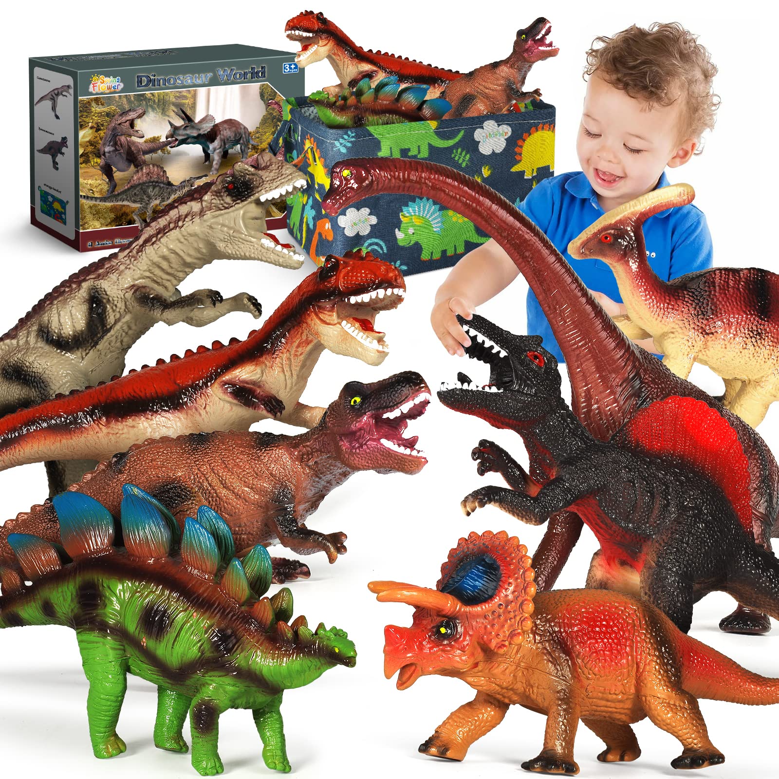 Mua 8 Pcs Dinosaur Toys with Storage Basket for Kids 3-5,12 Inches ...