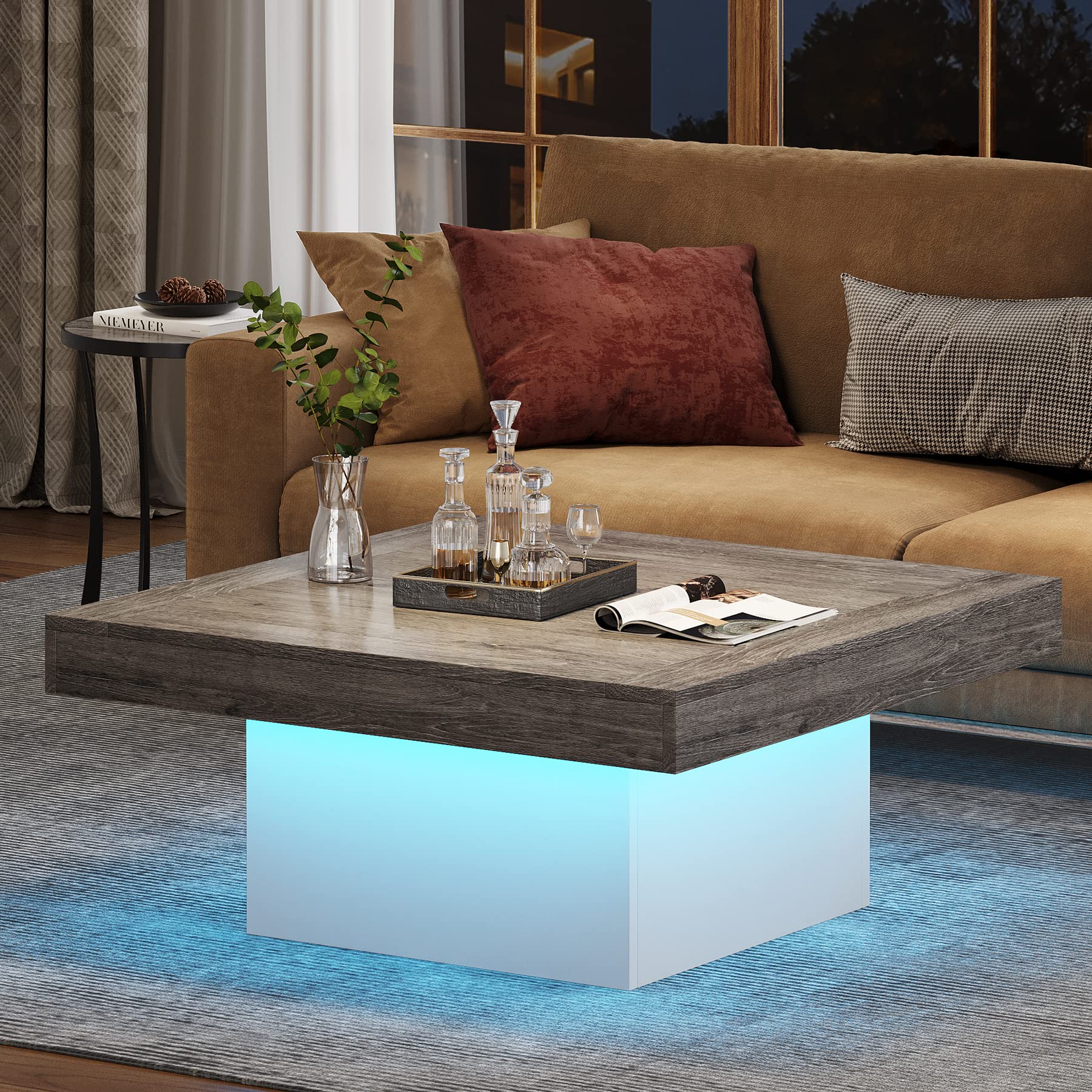 Tribesigns Coffee Table Square LED Coffee Table Engineered Wood Low ...