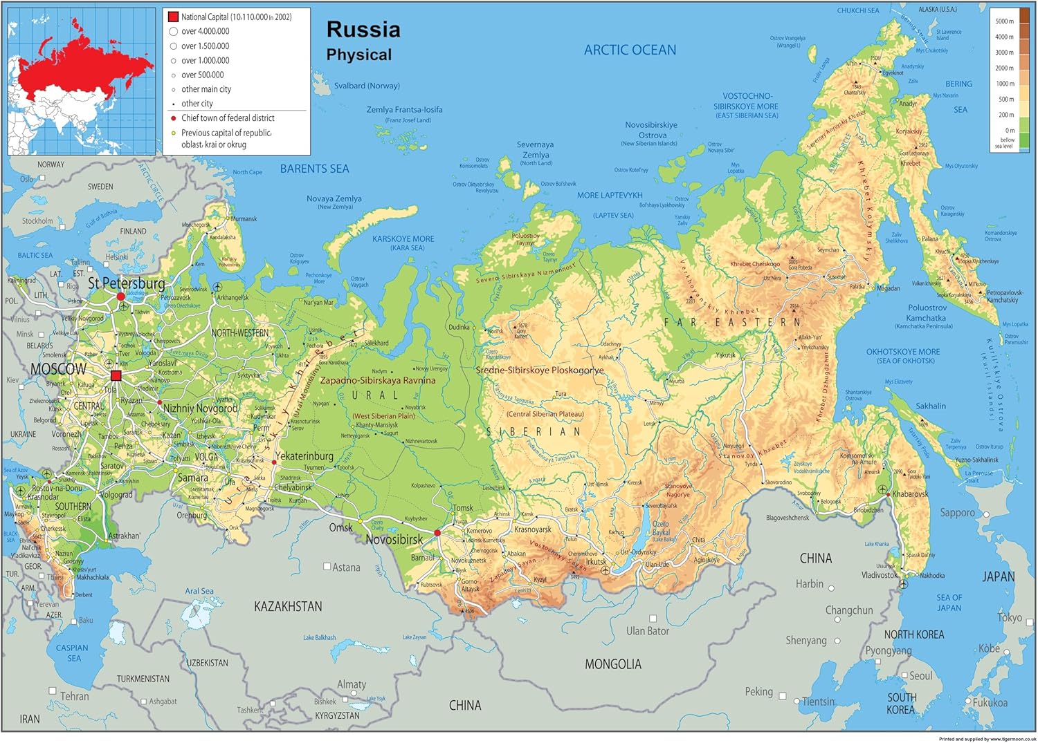 Tiger Moon Russia Physical Map - Paper Laminated (A2 Size 42 x 59.4 cm ...