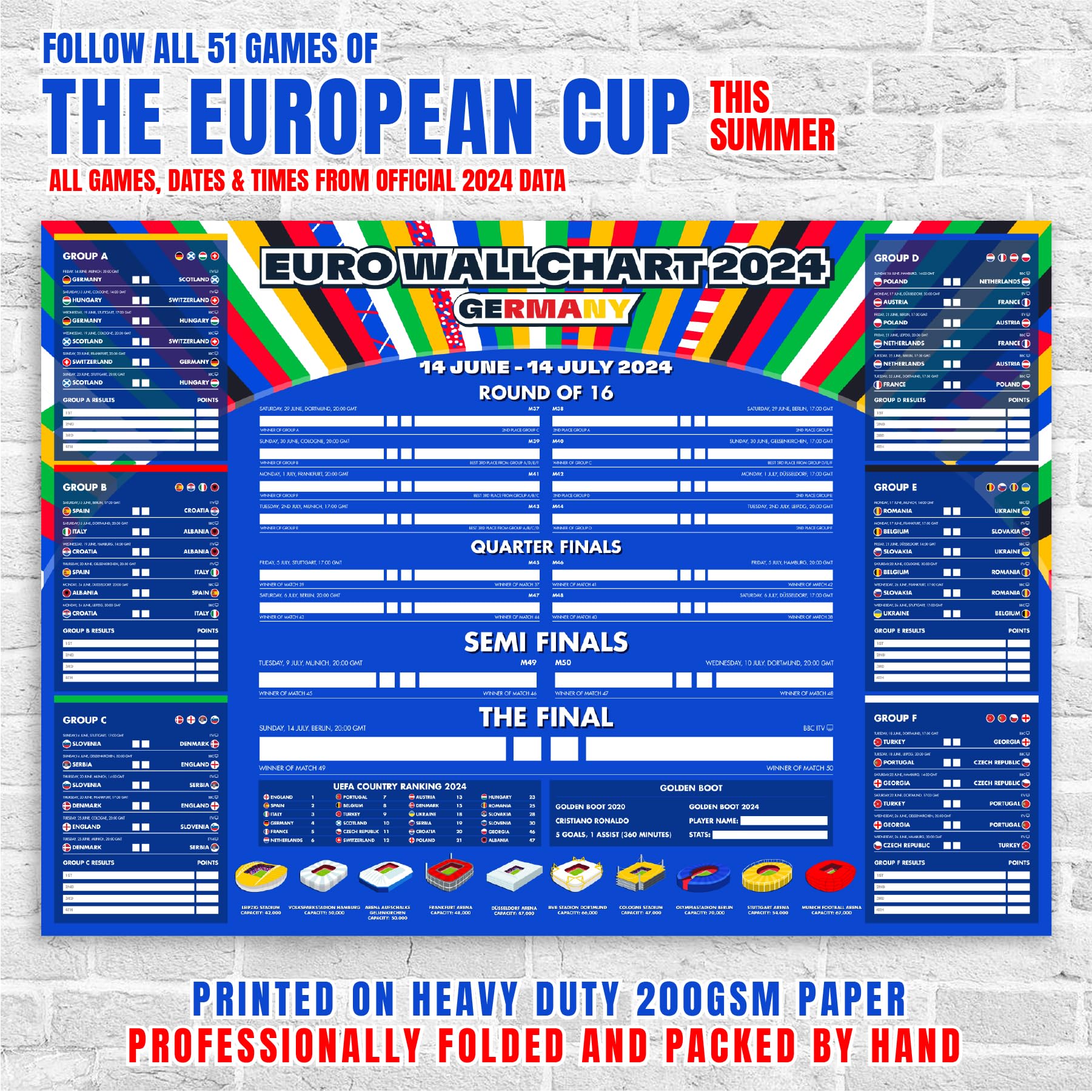 Mua Euro Football Wall Chart 2024 Football Tournament Wallchart Poster Wall Planner Huge A1 Size ...