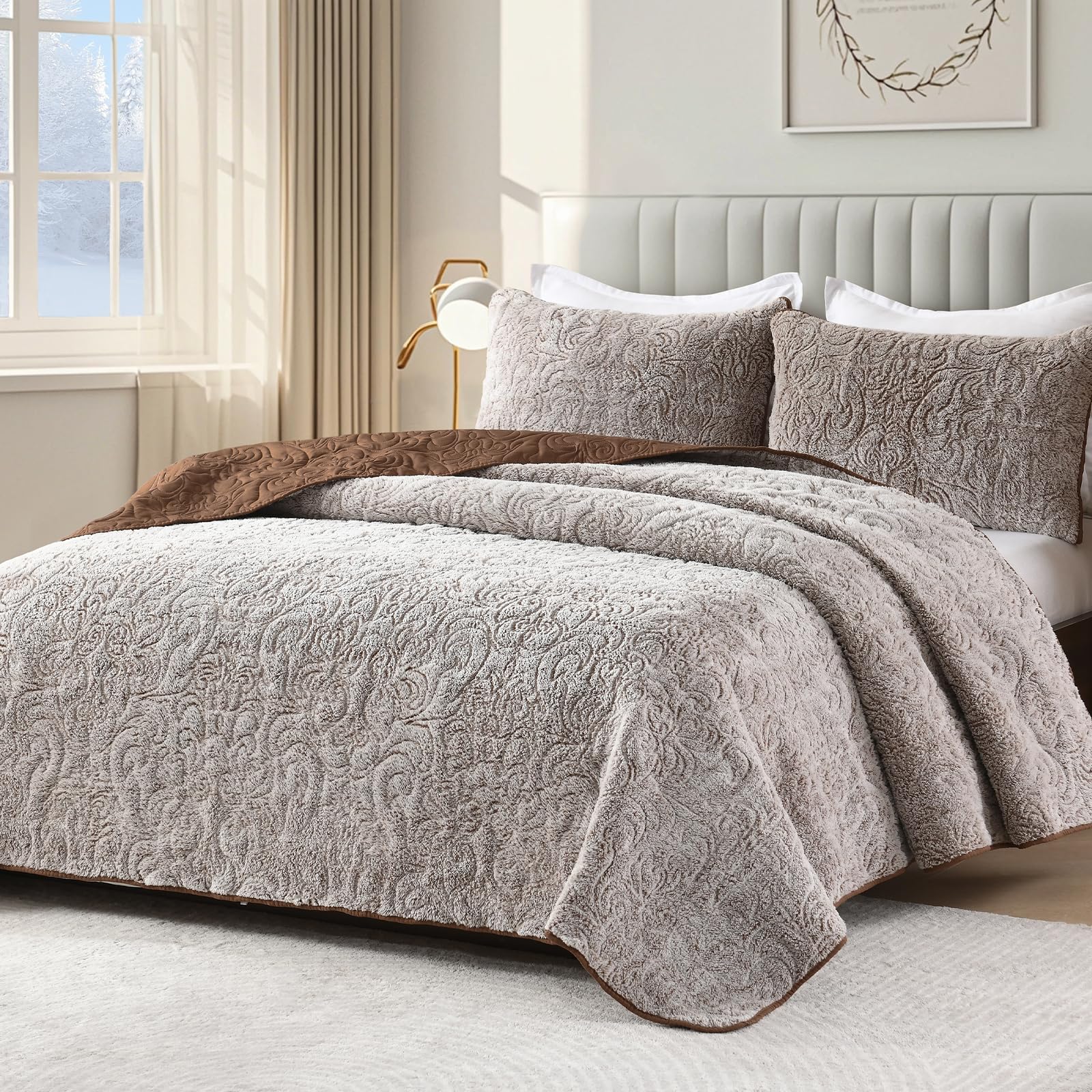 Dobuyly Queen Quilt Set, Brown Queen Size Bedspread Fluffy Plush ...