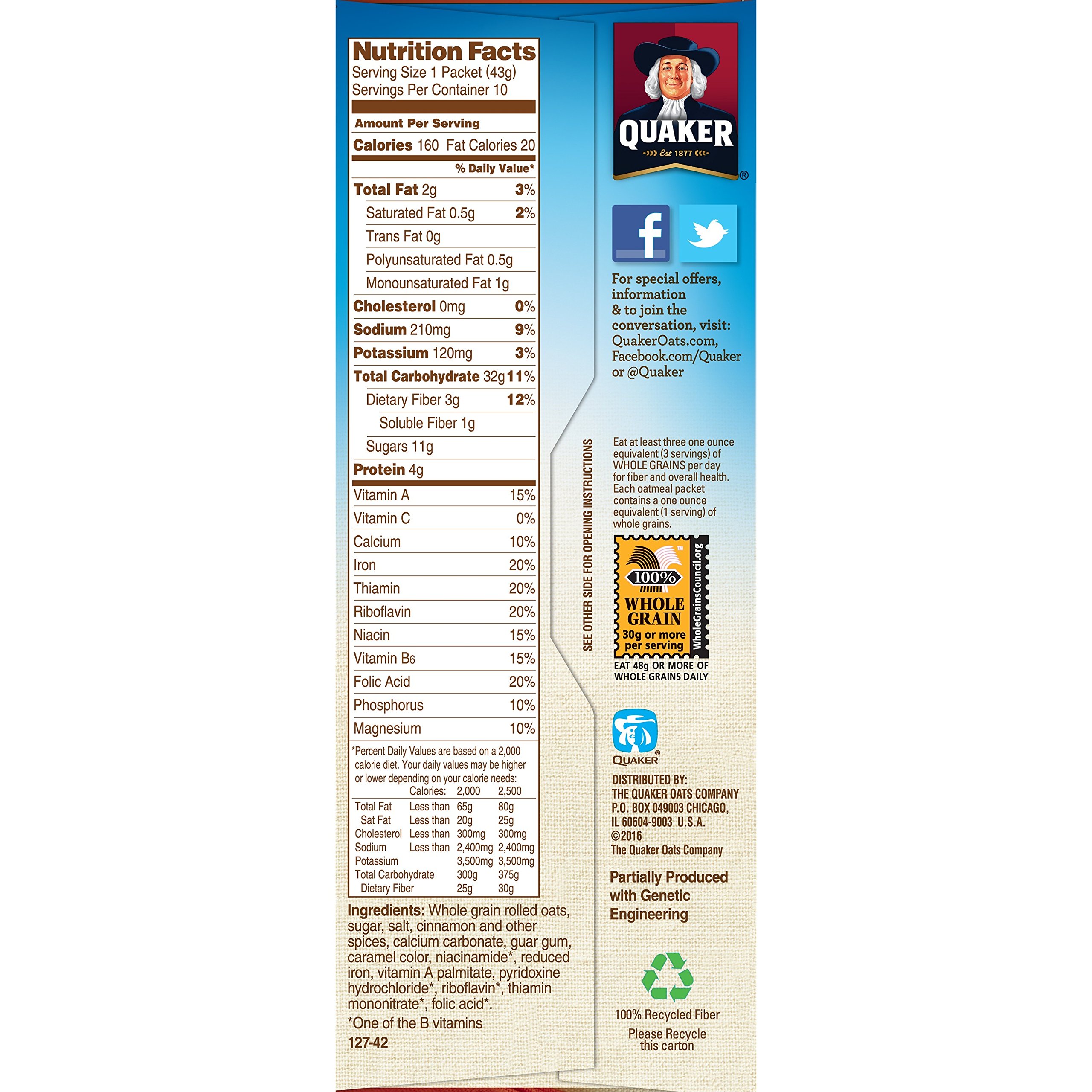 Quaker Instant Oatmeal Cinnamon And Spice Nutrition Facts at Amelia ...