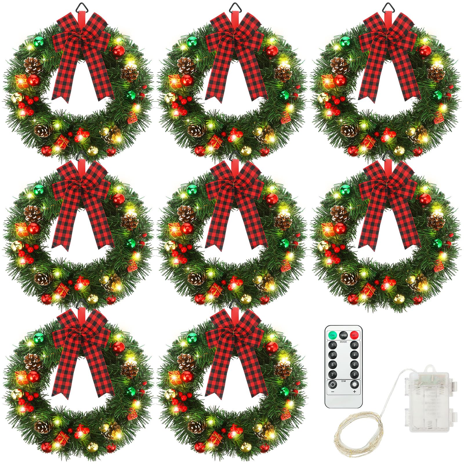 Ceenna 8 Pcs Lighted Christmas Wreath 14 Inch Pre Lit Artificial ...