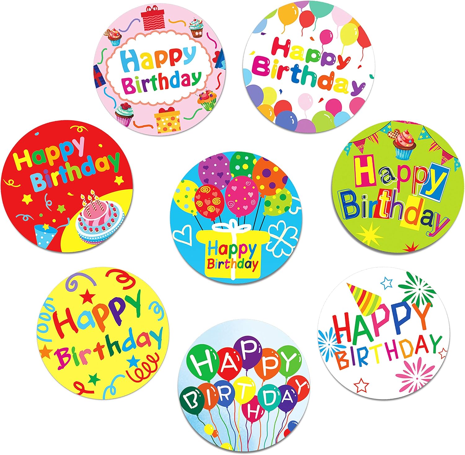 500 Pcs Adorable Round Happy Birthday Stickers in 8 Designs with ...