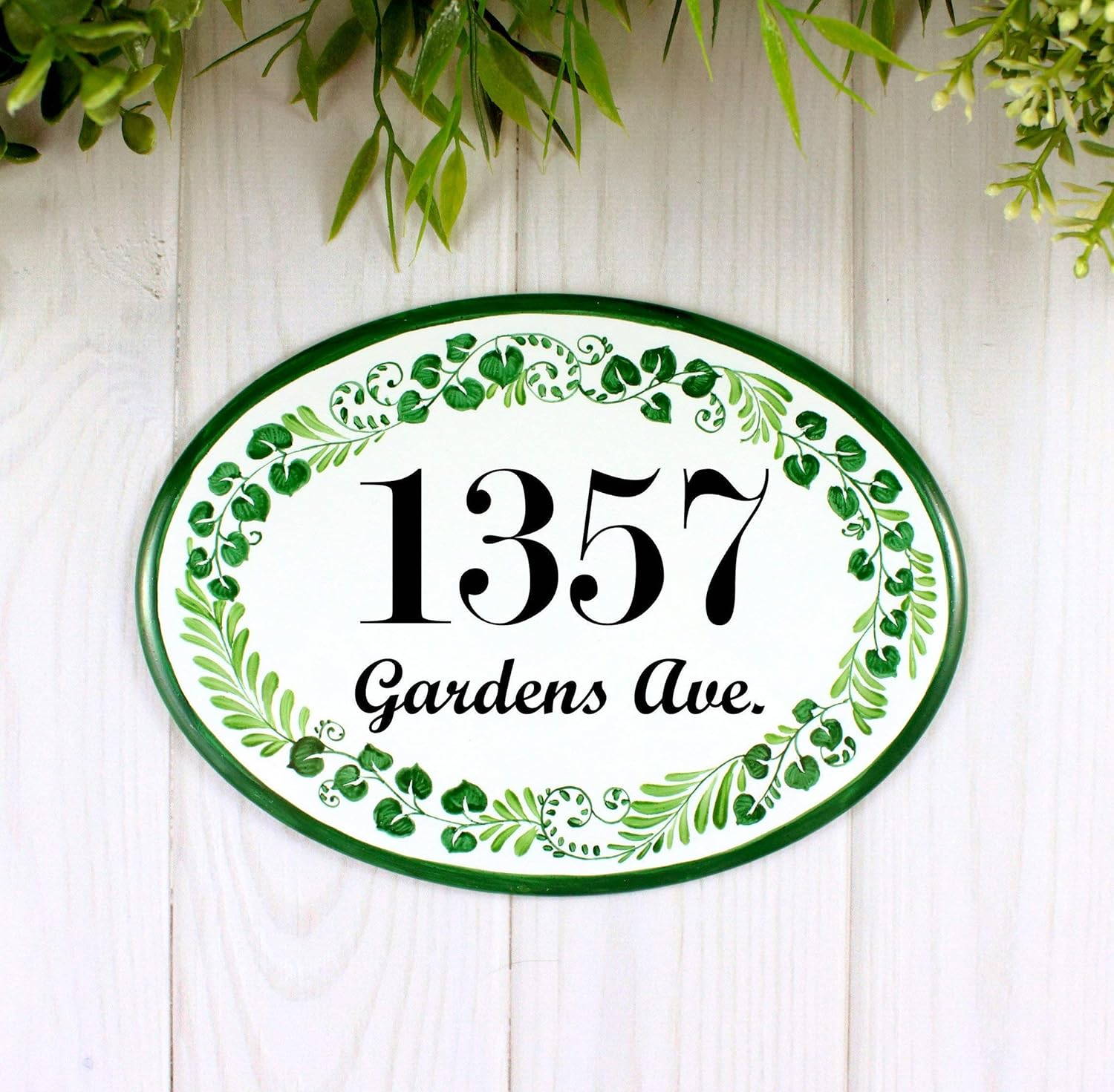 Ced454sy Ceramic address sign with green leaves house numbers address ...