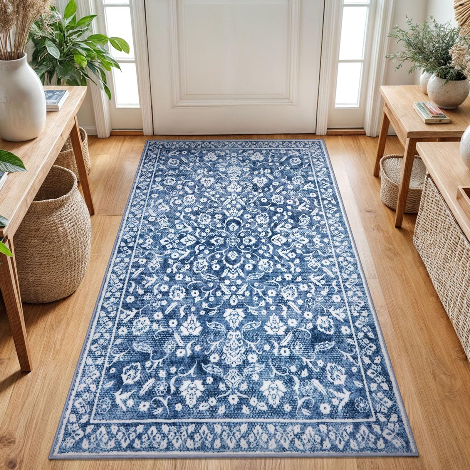 SILOLOOM Vintage 3x5 Washable Rug for Entryway, Super Soft Blue White ...