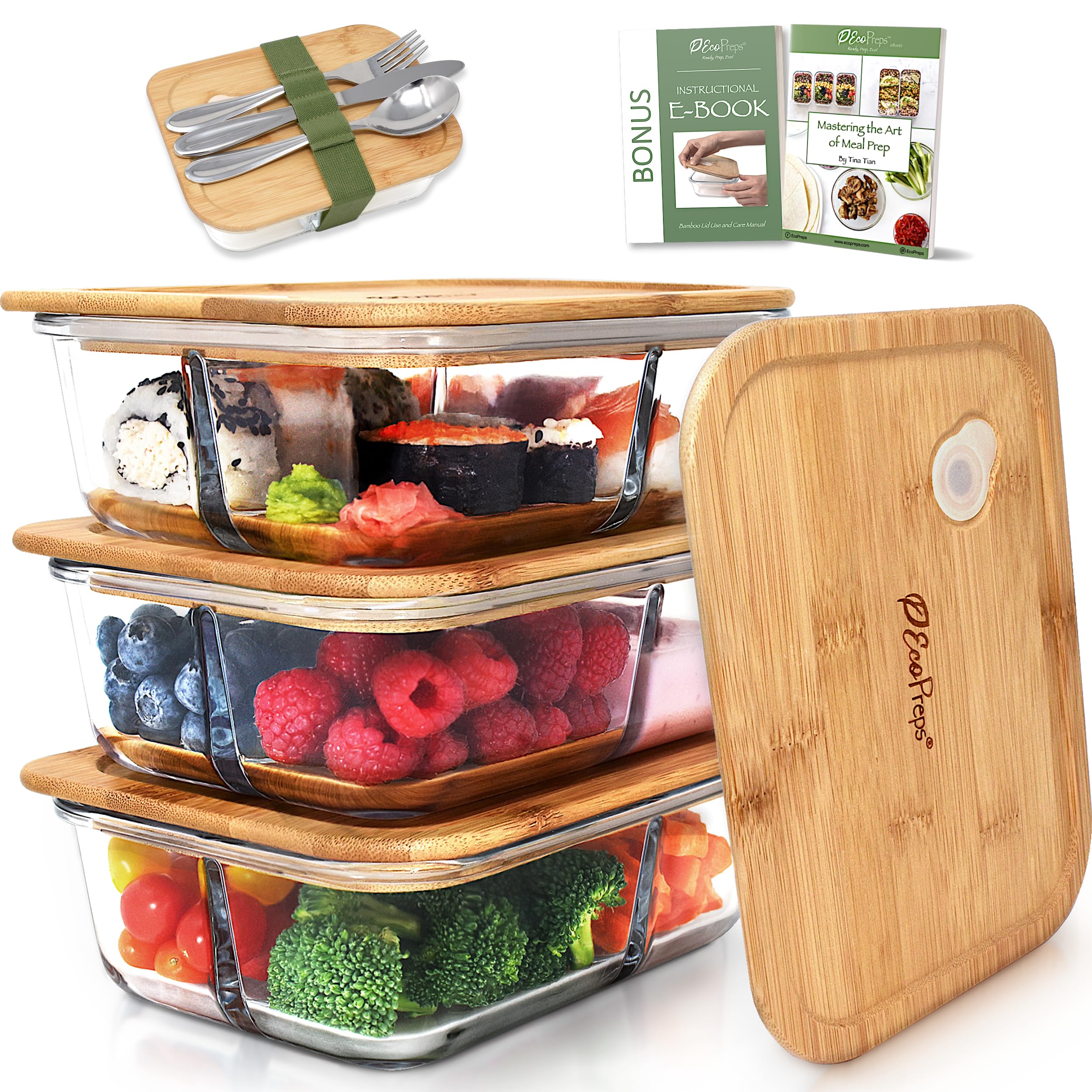 Mua Glass Bento Box Containers with Bamboo Lids, 3 Compartment Glass ...