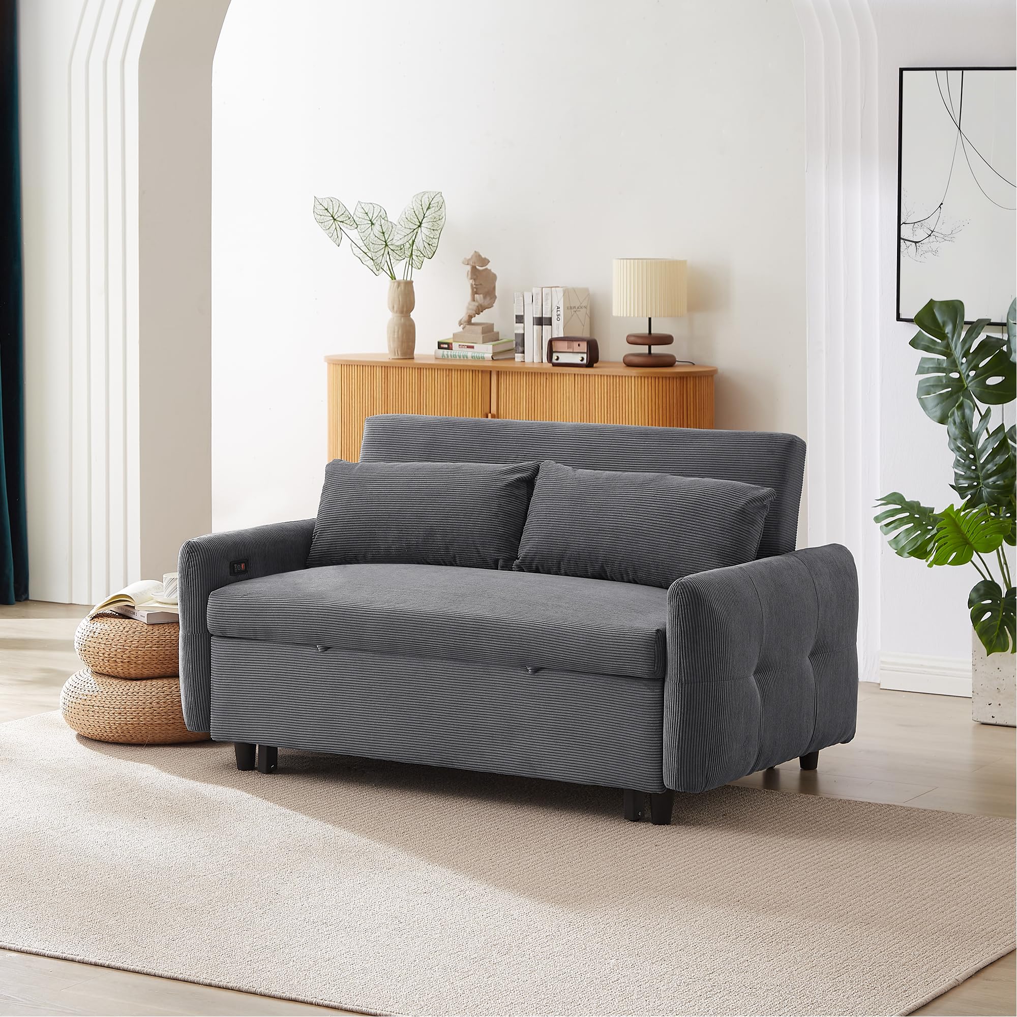 Merax Pull-Out Sofa Bed with Adjustable Backrest and Two Throw Pillows ...