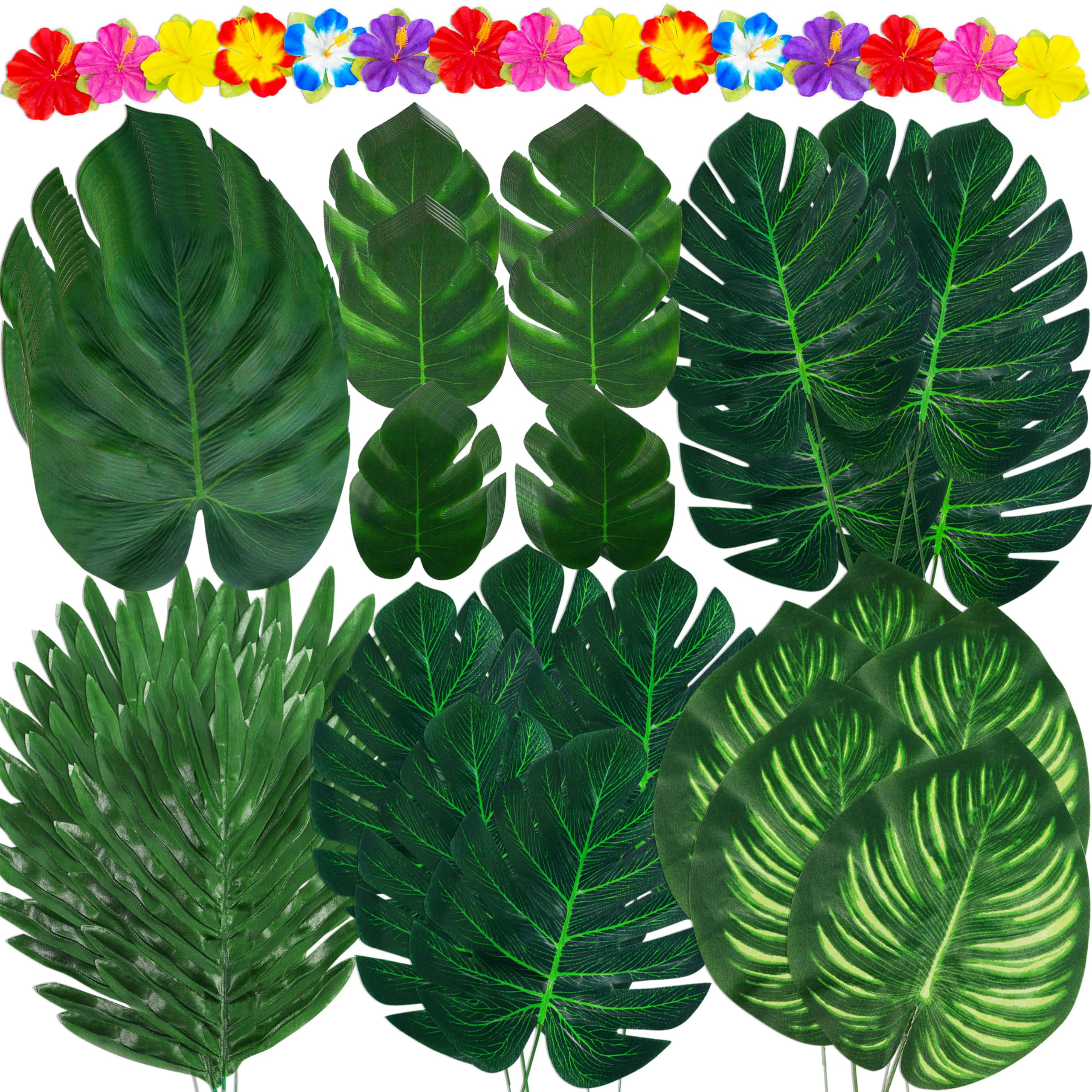 Moon Boat 120PCS Tropical Palm Leaves Plants Hibiscus Artificial-105Pcs ...