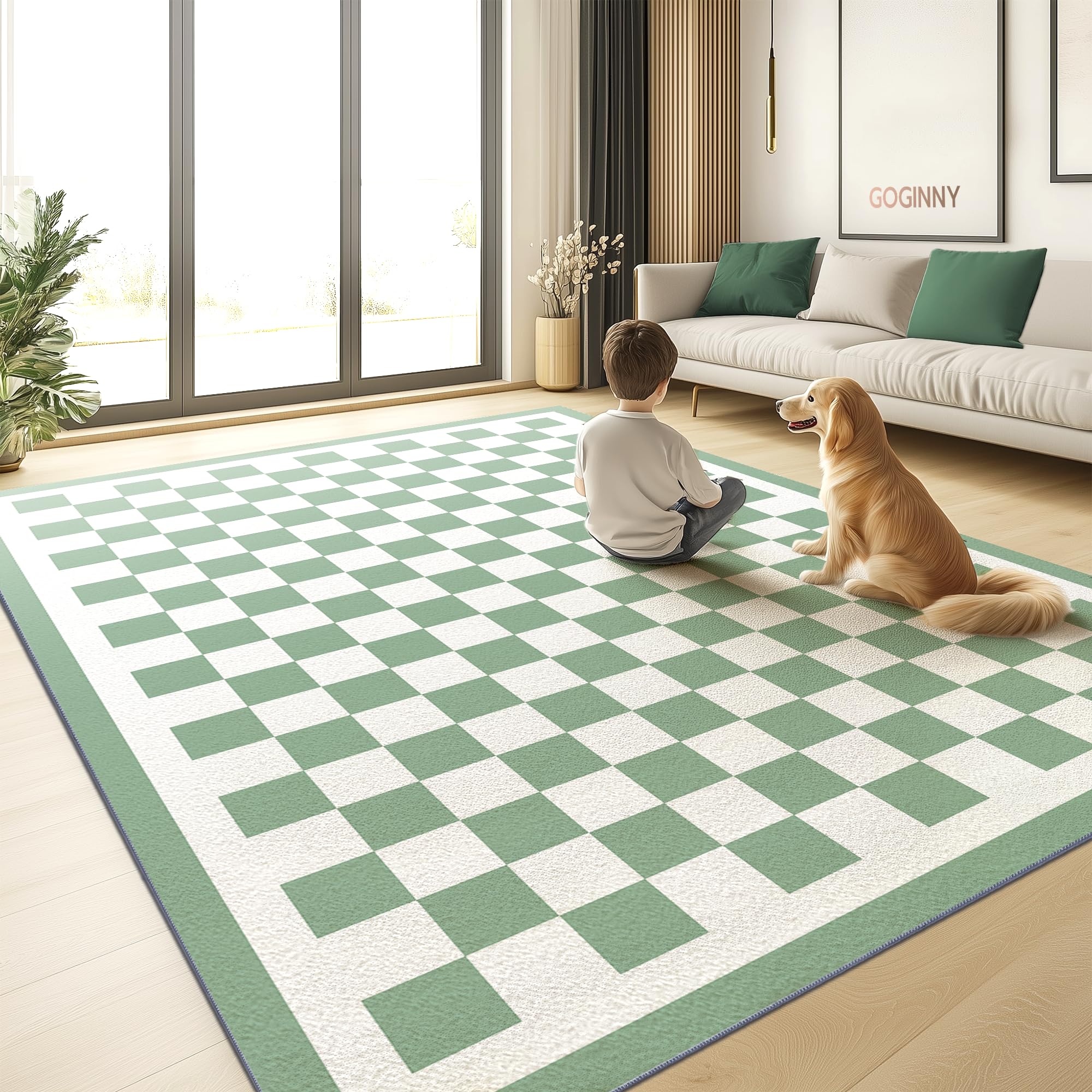 Washable 8x10 Checkered Area Rug for Living Room, Sage Green ...