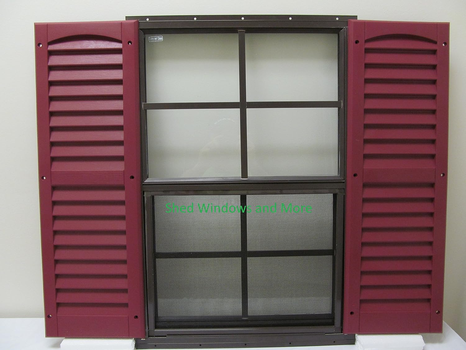Shed Window + Shutters (Pair Maroon Shutters) 18" X 27" Brown Flush ...