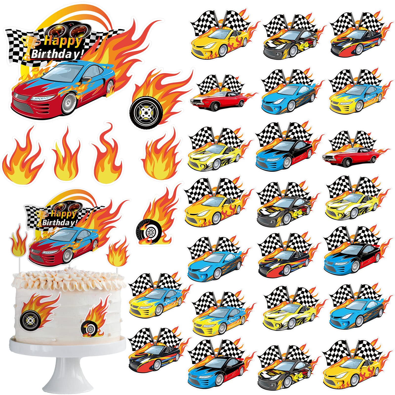 55 Pcs Race Car Cupcake Toppers Hot Happy Birthday Cake Wheels Toppers ...