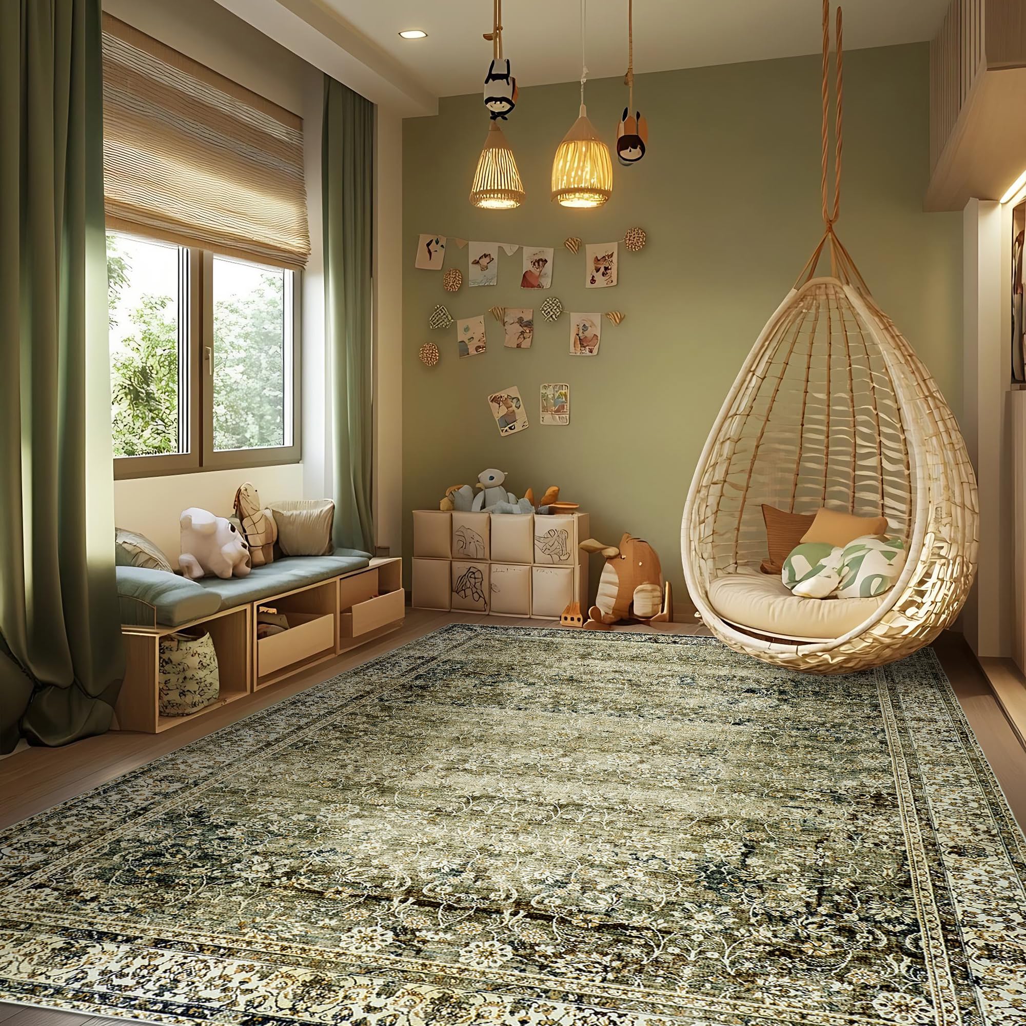 BILEEHOME Olive and Tan Rug for Bedroom Neutral Boho Farmhouse Floral ...