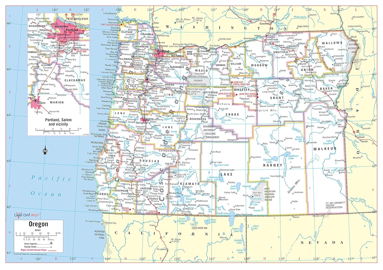 Cool Owl Maps Oregon State Wall Map Poster Rolled Laminated 34x24 Maps ...