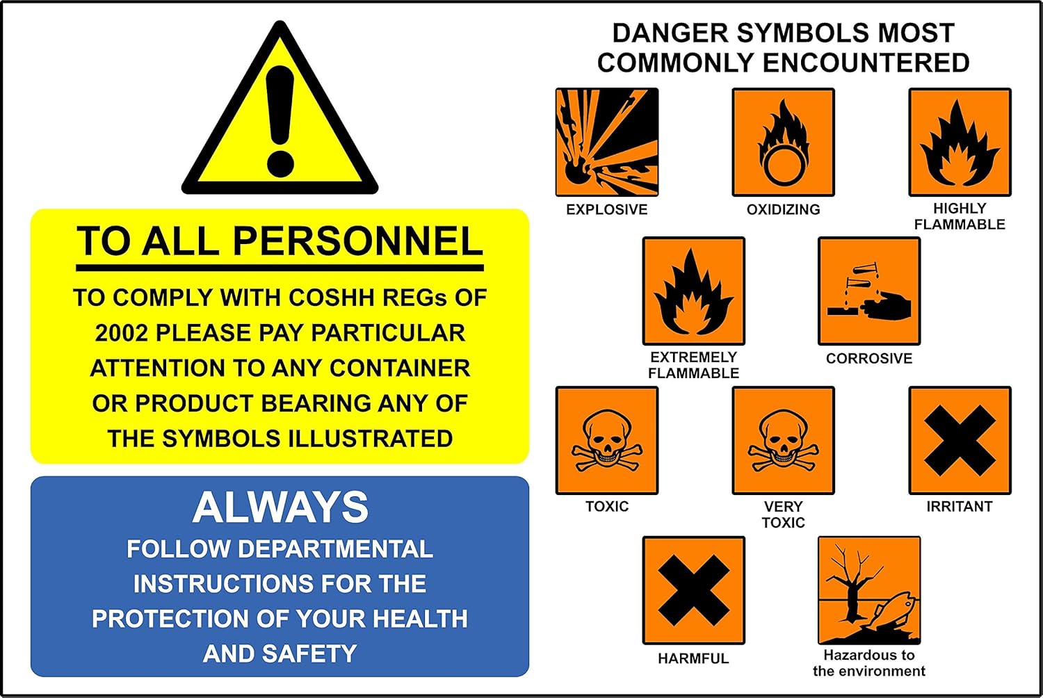 Warning Signs COSHH Symbols Self Adhesive Vinyl 300mm X 400mm 