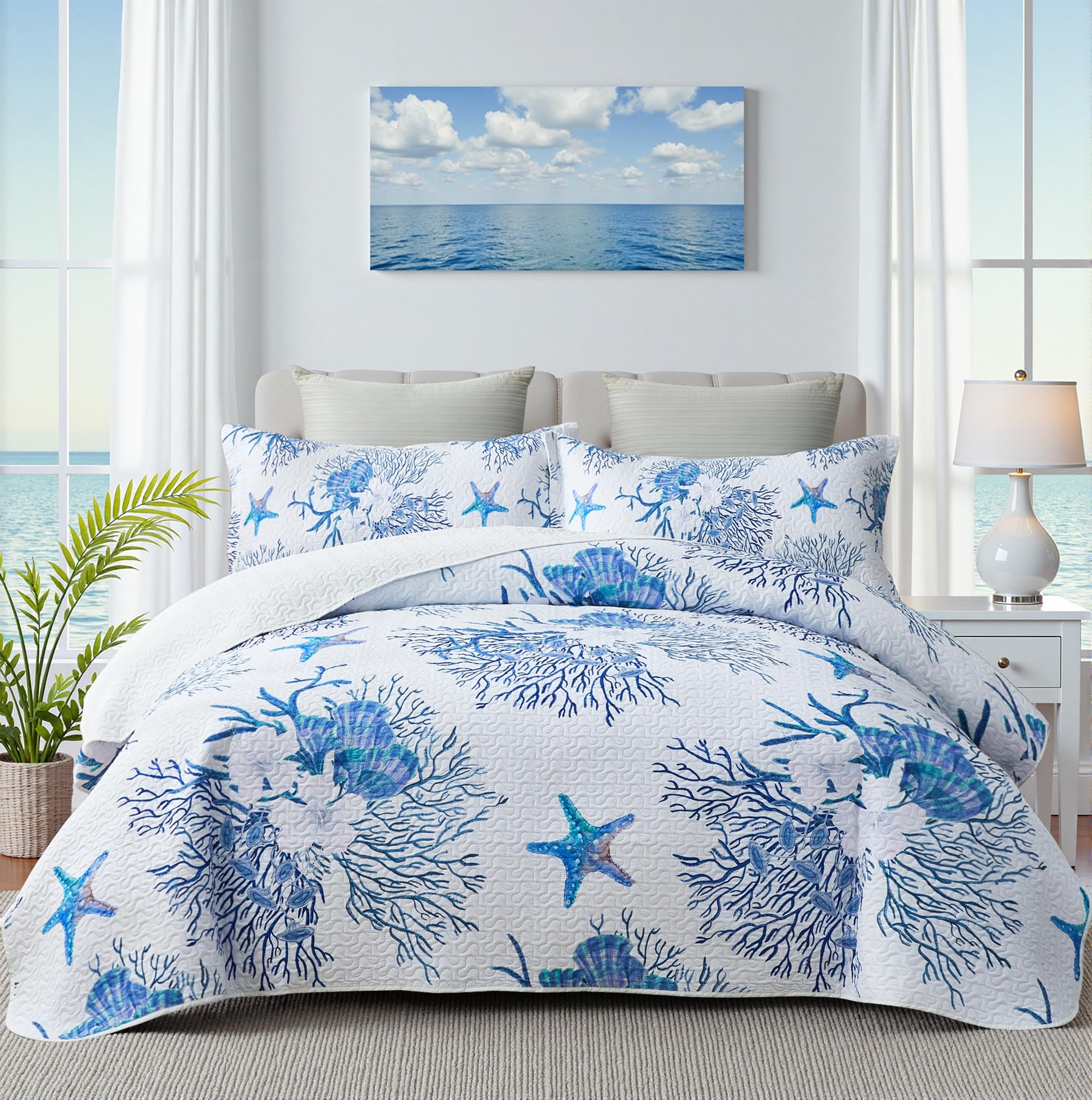 Coastal Bedding Queen Size Coastal Quilt with 2 Shams, Nautical Beach Comforter Sets Ocean ...