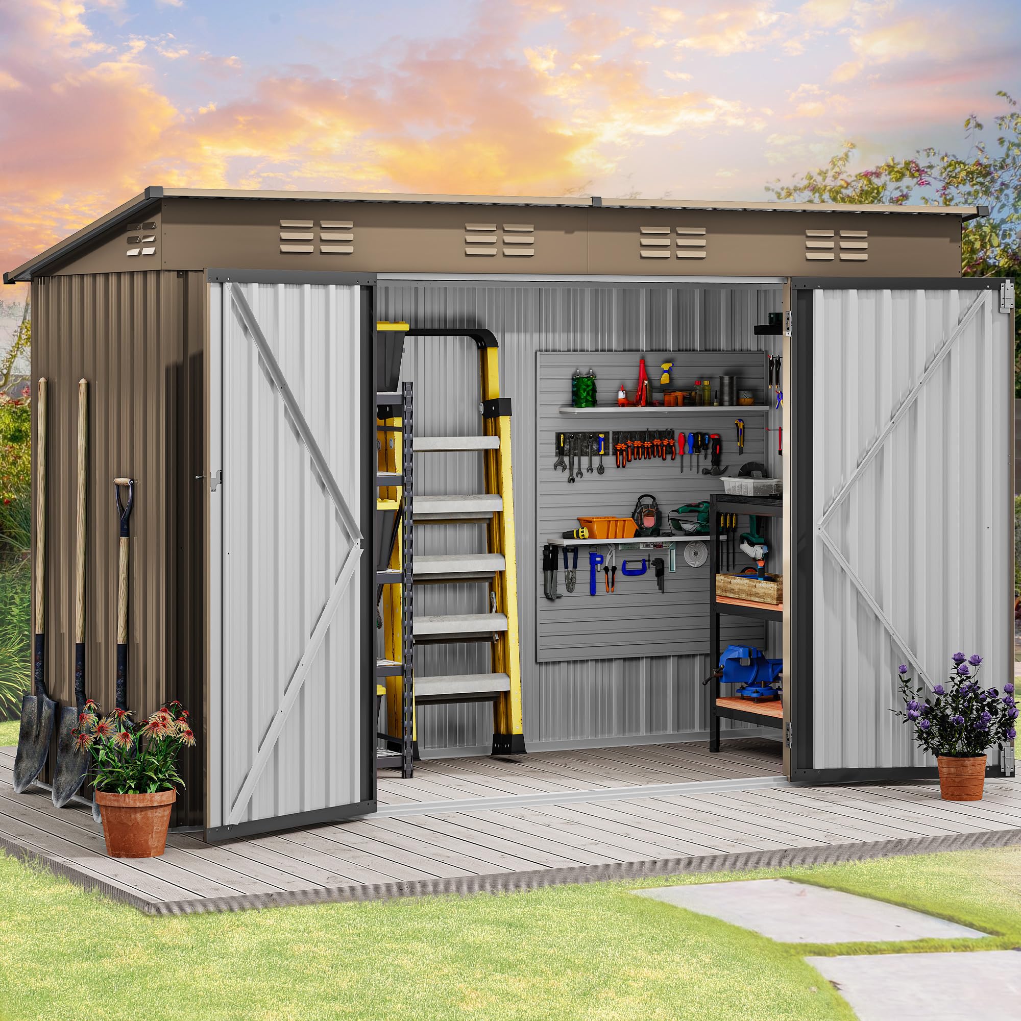 DWVO 9.1' x 4.2' Outdoor Storage Shed, Large Metal Tool Sheds, Heavy ...
