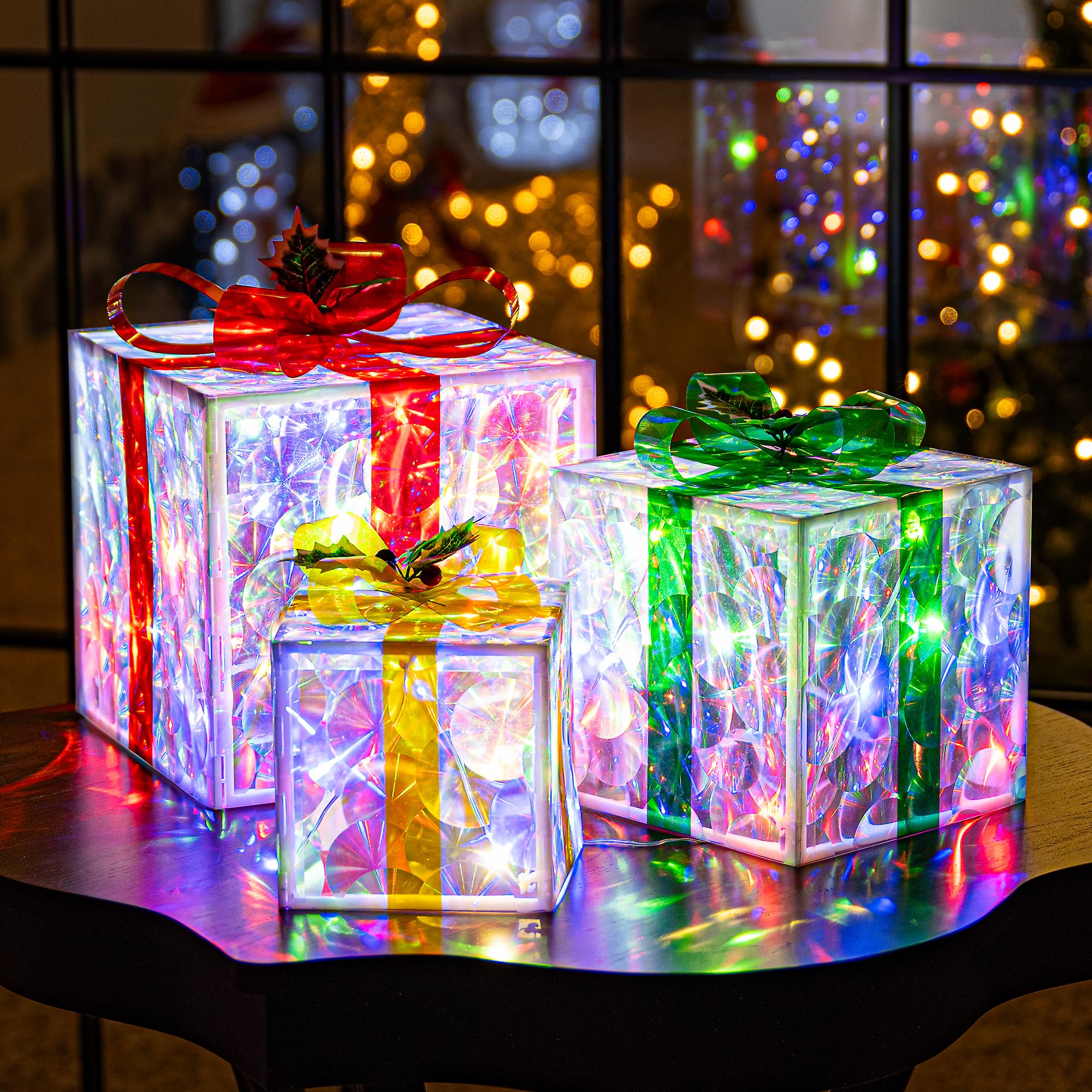 TISEJOY Set of 3 Christmas Lighted Gift Boxes,8 Light Modes Light Up ...