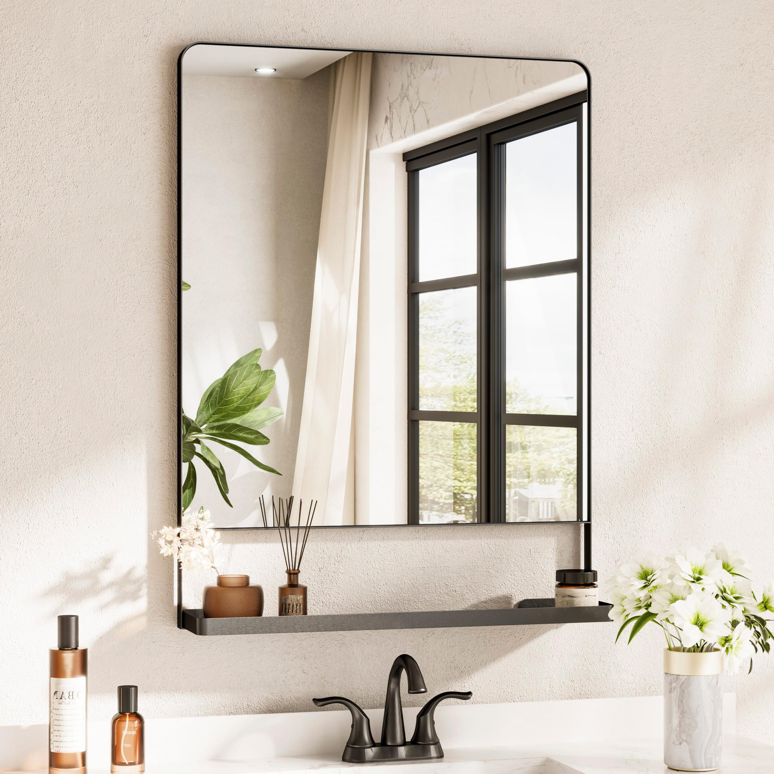TETOTE Black Metal Framed Vanity Mirror with Shelf for Wall, 24x32 Inch ...