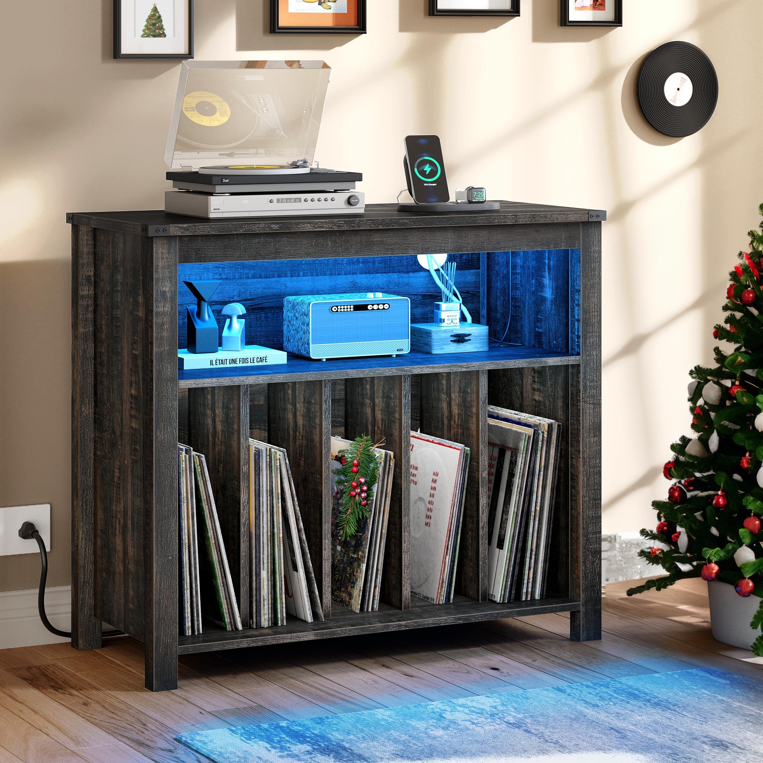 YITAHOME Large Record Player Stand with Power Outlets & LED Lights ...