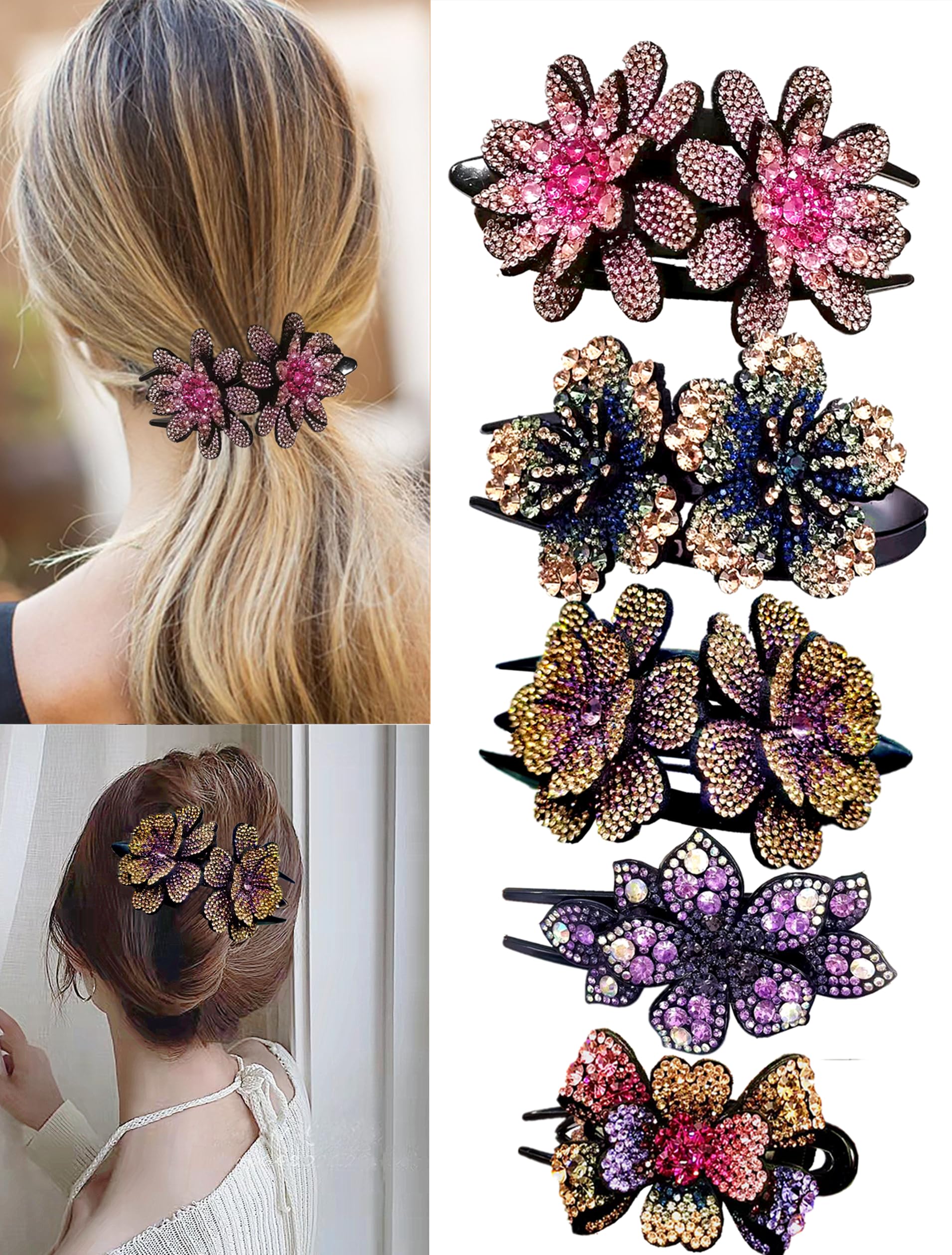 5 Pcs double flower decorative jeweled rhinestone hair clip pretty ...