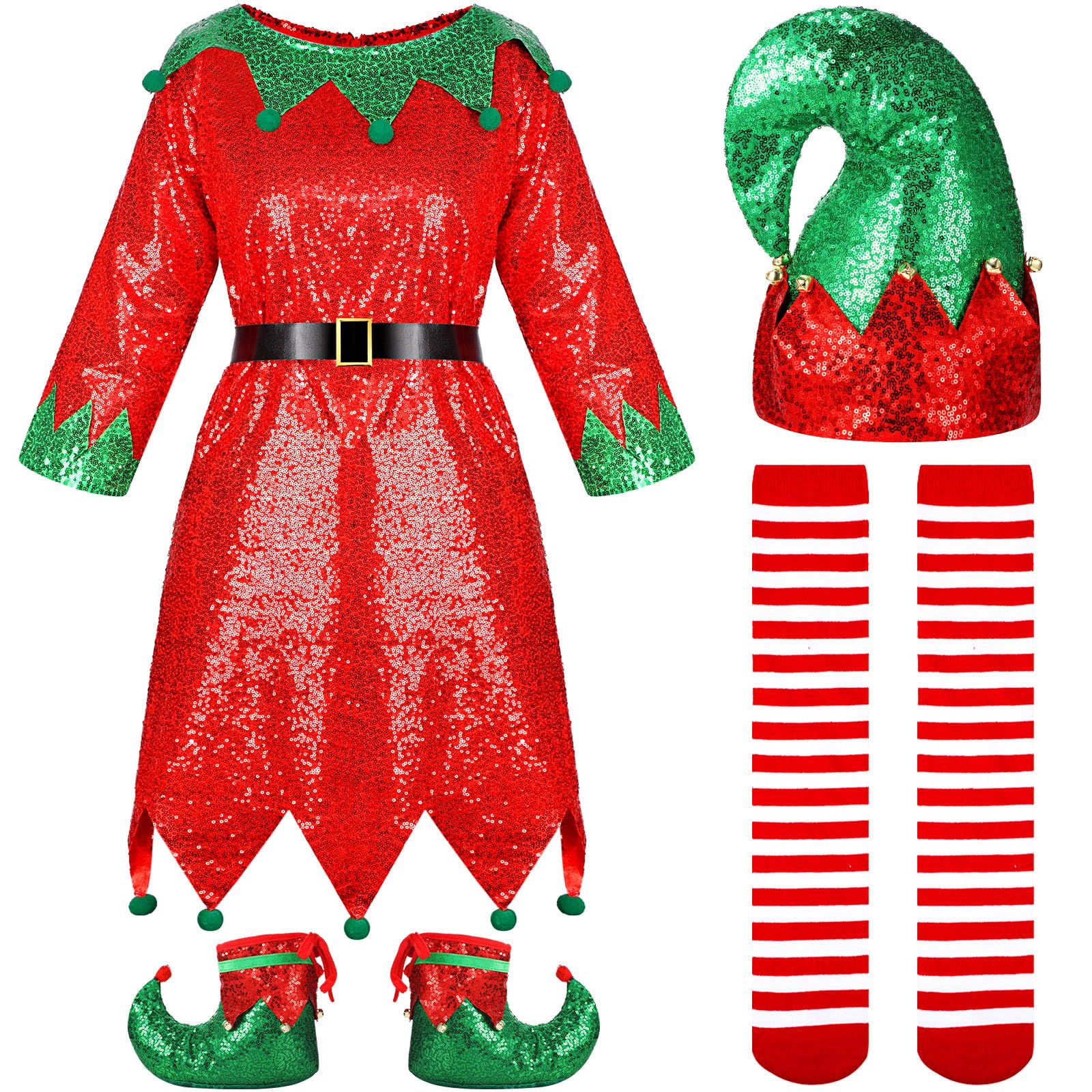 Syhood 4 Pcs Christmas Elf Costume Women Girls Sequin Elf Cosplay ...
