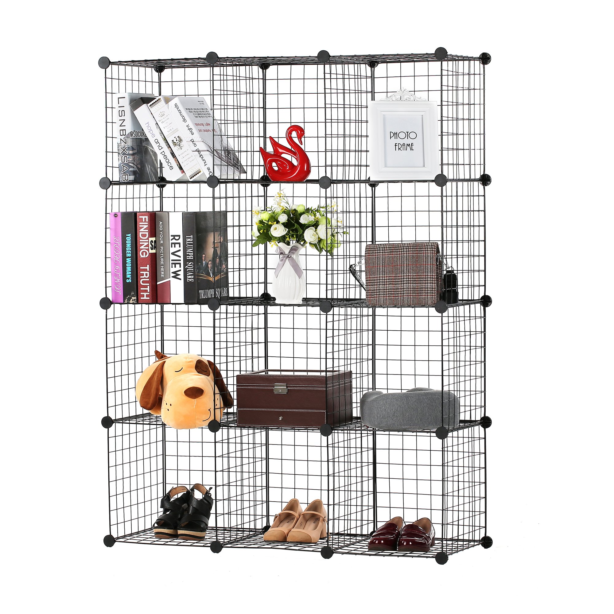 BASTUO 12 Cubes Wire Grid Storage Cabinet DIY Metal Bookcase Shelves ...