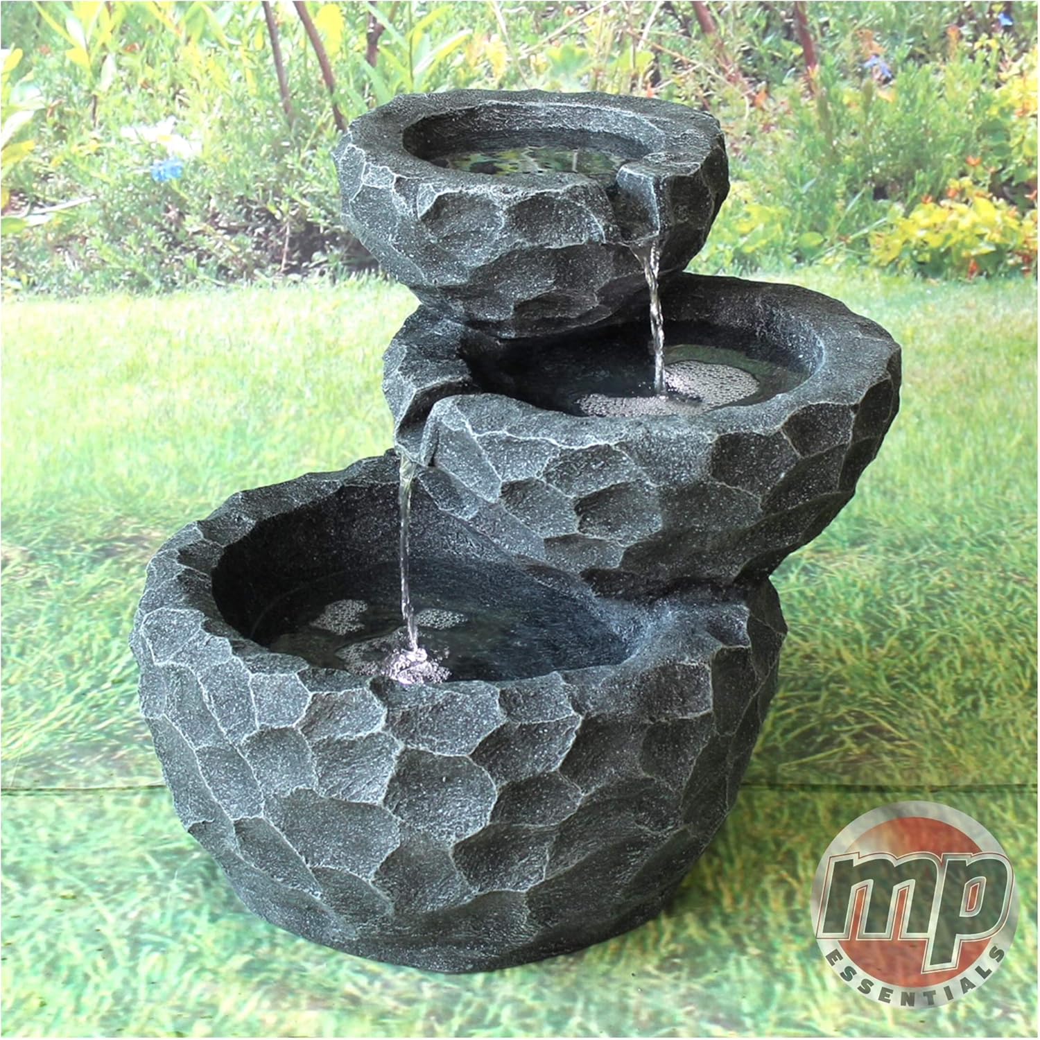 MP Essential Garden Outdoor Solar Powered 3 Layer Grey Stone Rocks ...