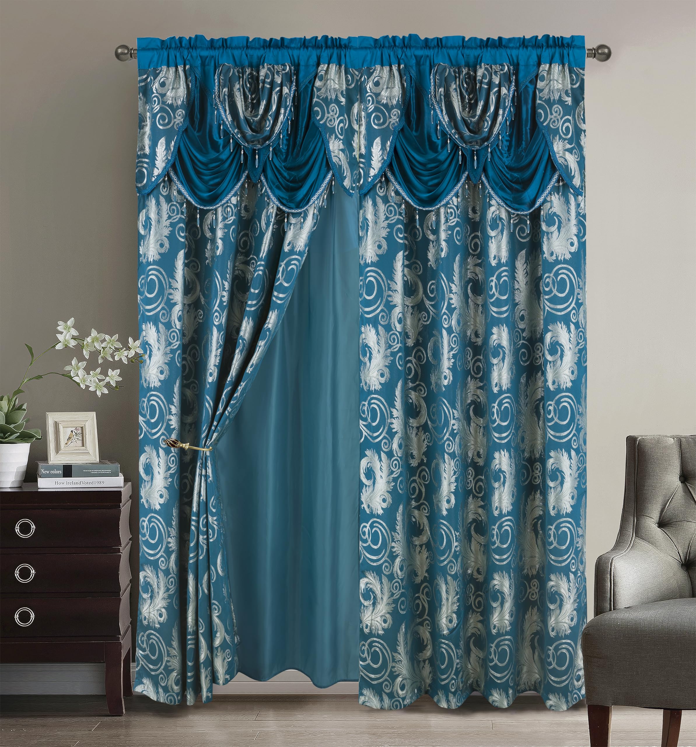 GLORY RUGS Jacquard Luxury Window 2 Panel Set Turquoise Curtain with ...