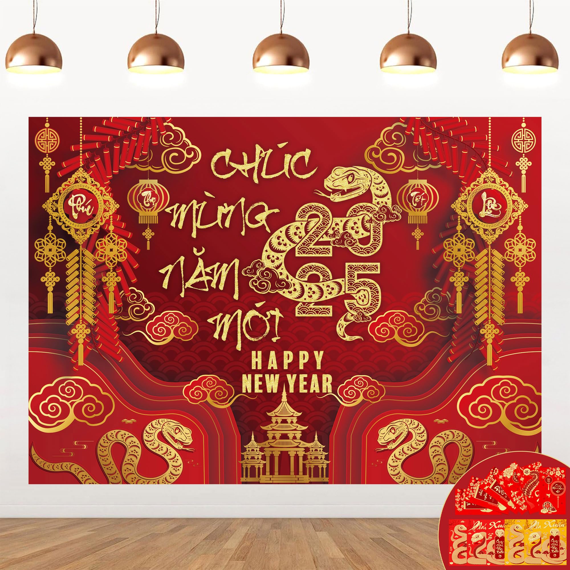 IRCOR TET Decorations 2025 Vietnamese New Year Backdrop with 12 Red Envelopes Vietnamese Lunar ...
