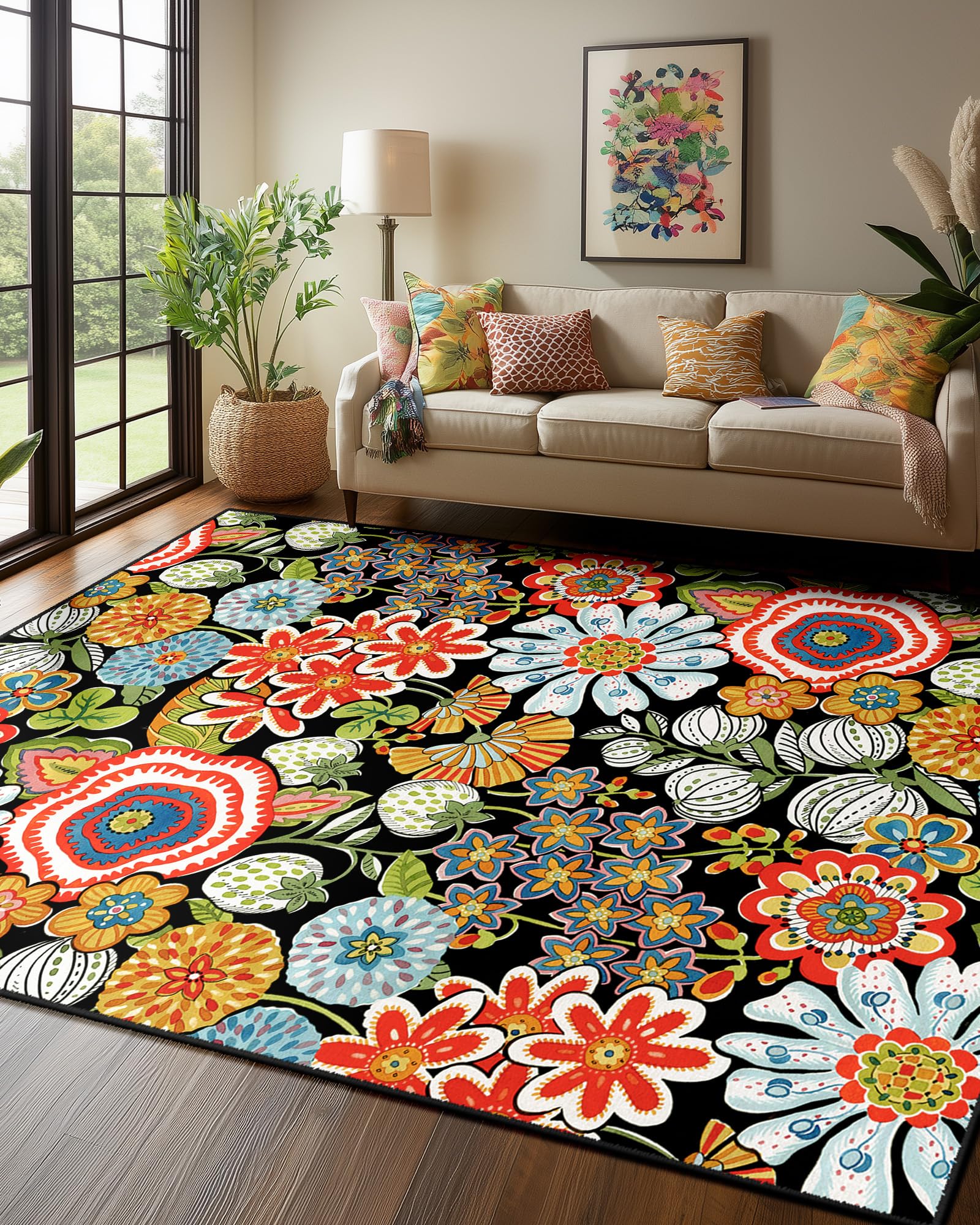 RELEANY Area Rugs 8x10 Floral Rug, Washable Botanical Flower Carpet ...