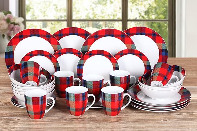 32 Piece Red Tartan Porcelain Dinner Set: Amazon.co.uk: Kitchen & Home