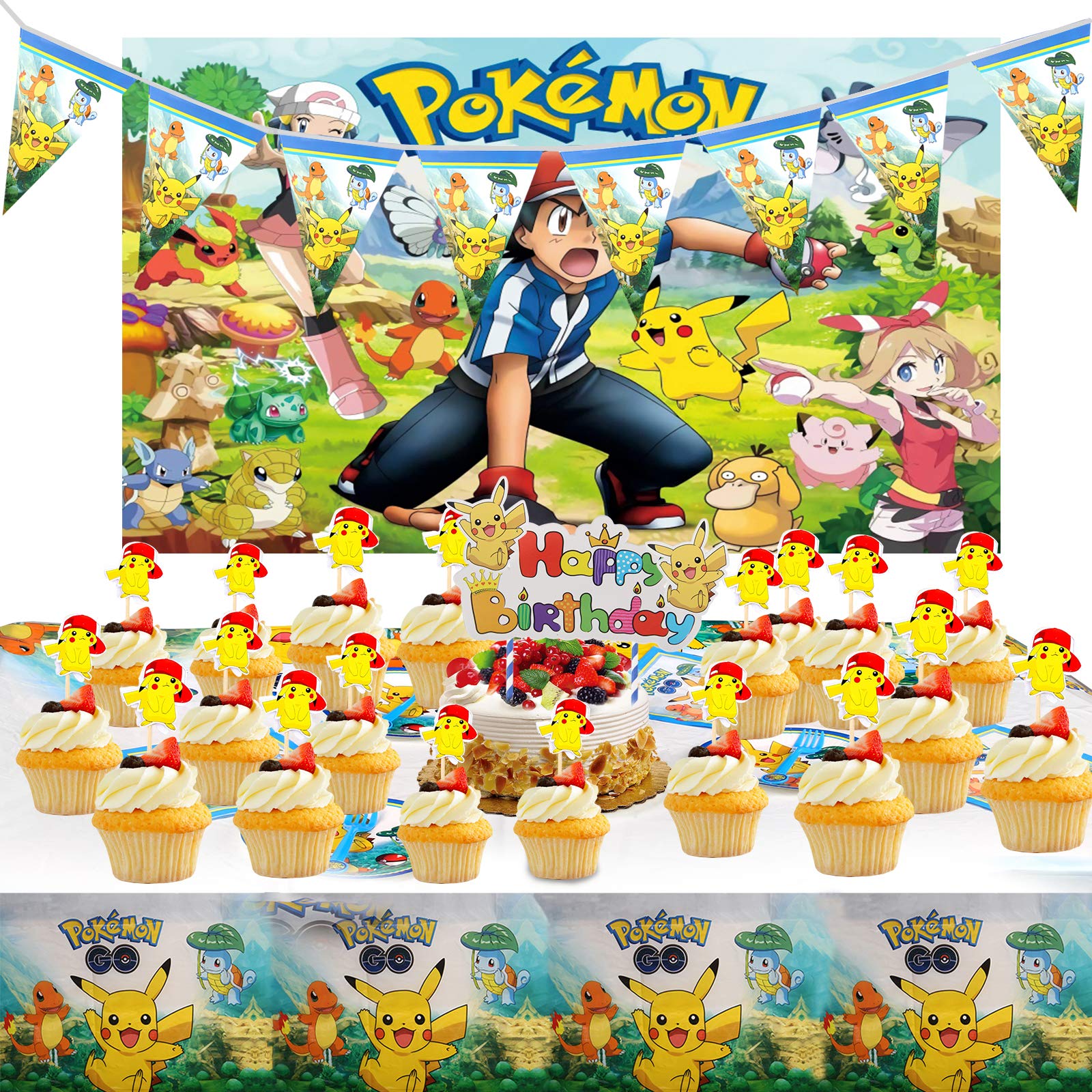 Buy Pikachu Party Supplies, Birthday Party Decorations Include Happy ...