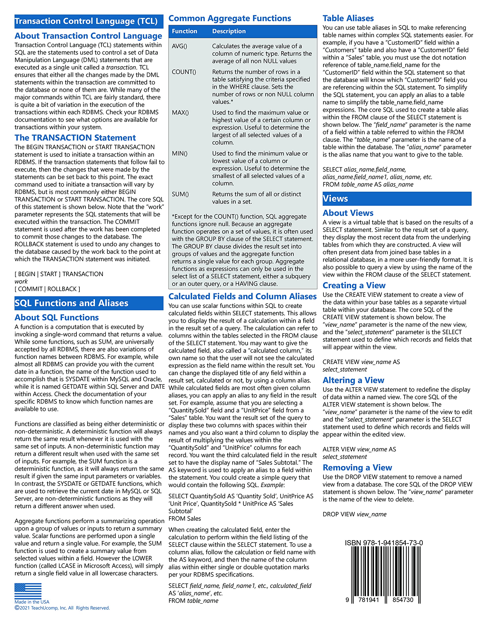 Mua Introductory SQL Quick Reference Training Card - Laminated Tutorial ...