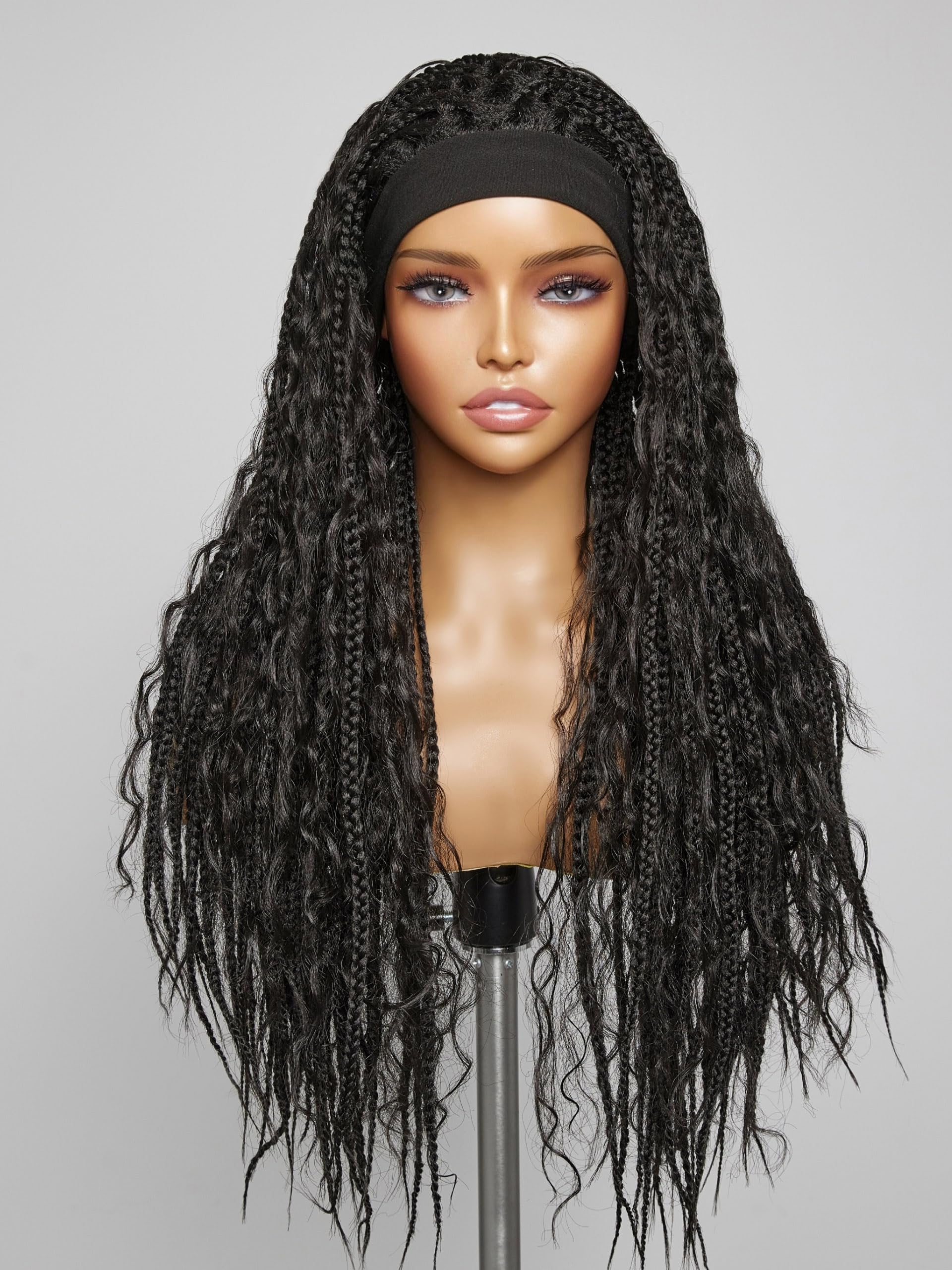 GORGIUS Goddess Braided Headband Wig with Curly Hair Black Synthetic ...