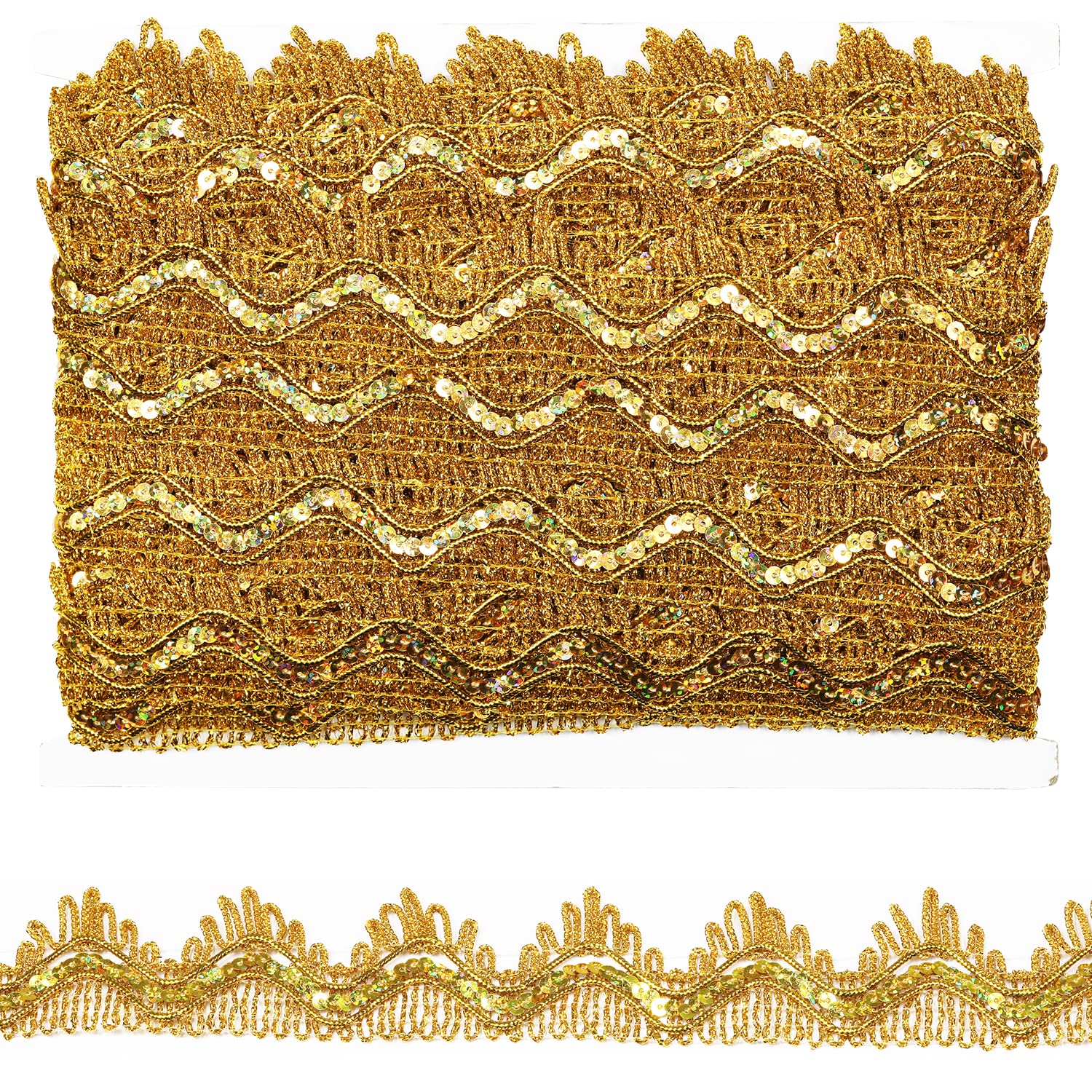 Tibaoffy Gold Sequins Lace Trim Decorated Gimp Trim Ribbon - 14 Yard ...