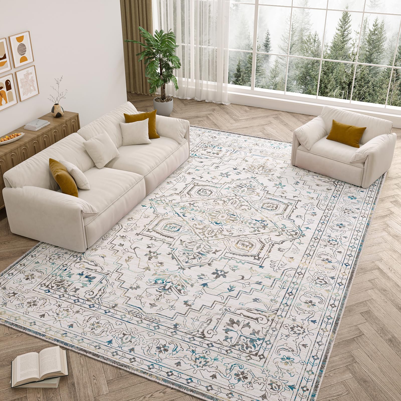 Boho Living Room Rug 6x9 Machine Washable Area Rugs Non Slip Low Pile ...