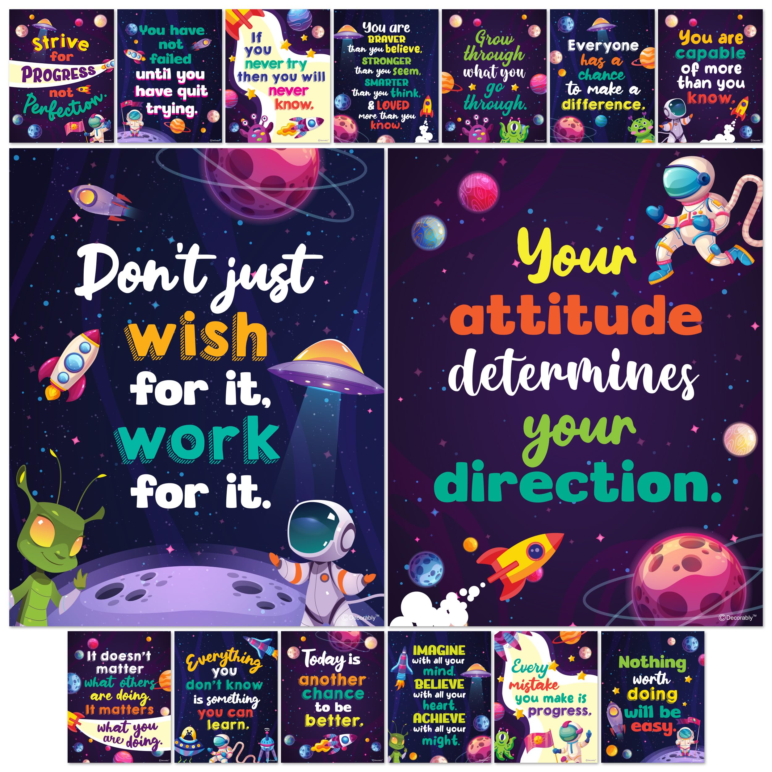 Decorably 15 Motivational Space Themed Classroom Decor, 11x14in Matte ...