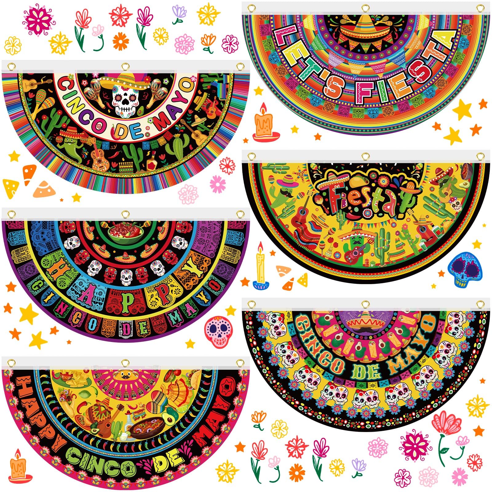 Windkream 6 Pcs Cinco De Mayo Bunting Fan Flag Mexican Fiesta Half Fan ...